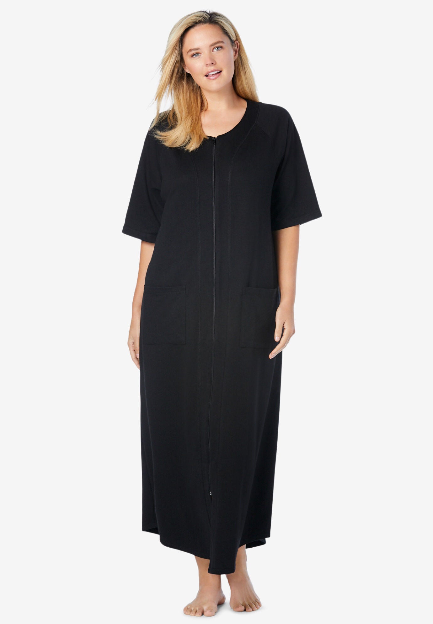 Fashionable Long French Terry Zip-Front Robe, Black | Roaman's