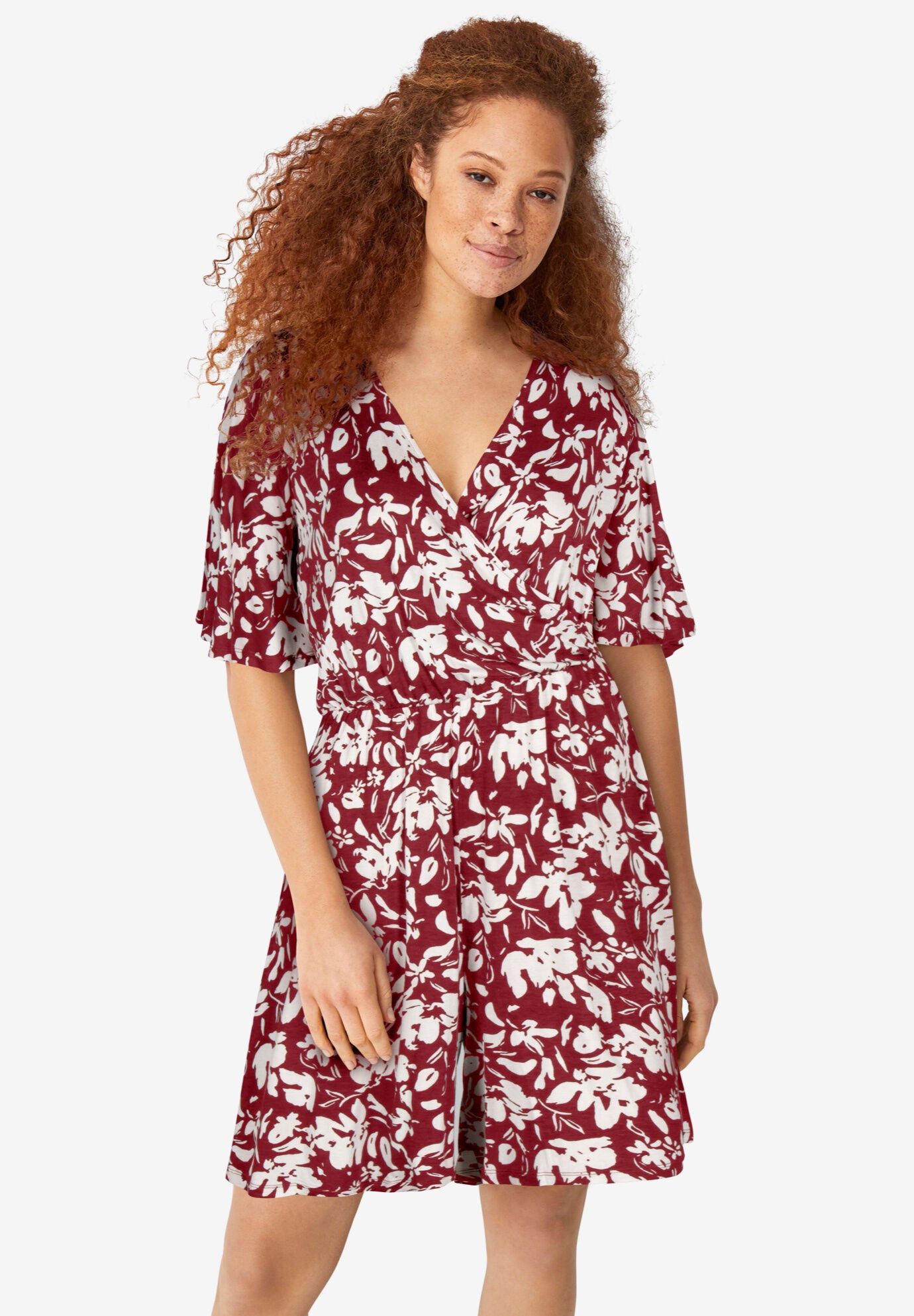 Fashionable Flutter Sleeve Surplice Romper, Fresh Pomegranate Print ...