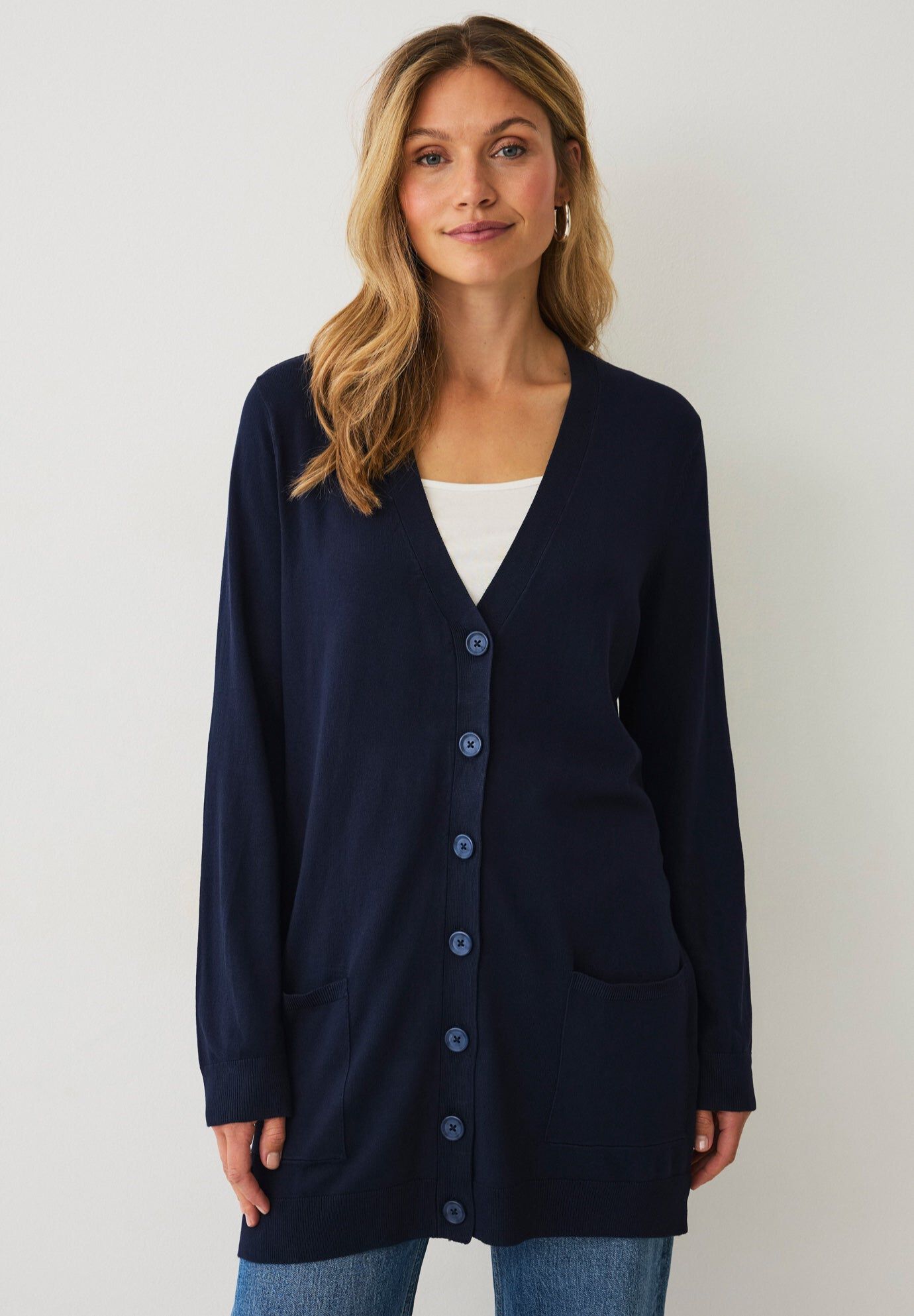 Fashionable Long Boyfriend Cardigan With Tortoise Buttons, Black | Roaman's