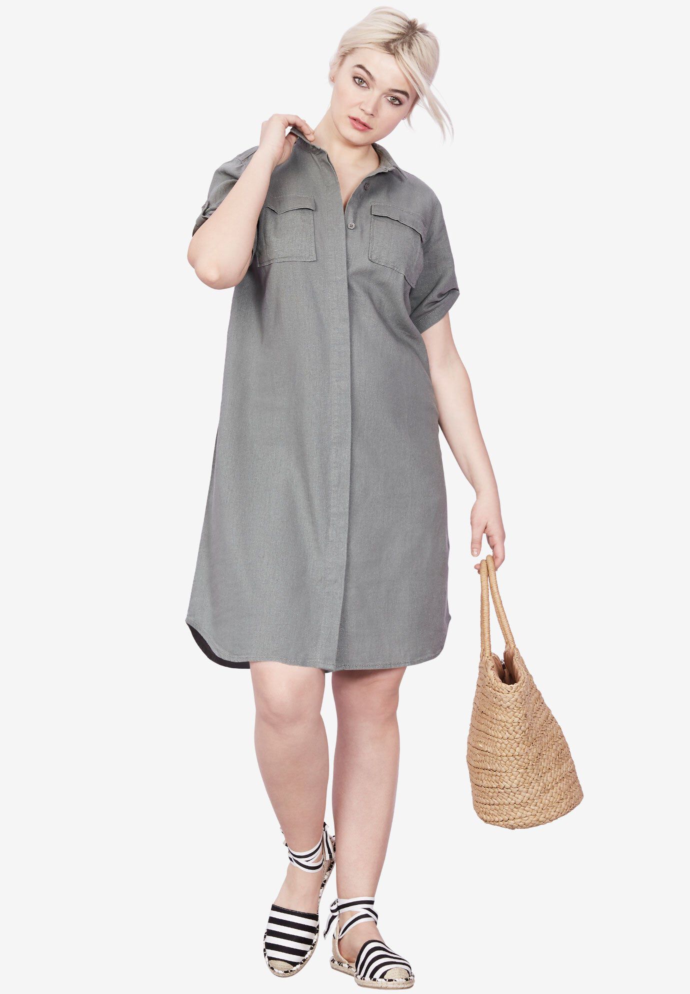 Fashionable Button Front Linen Shirtdress, Olive Grey | Roaman's