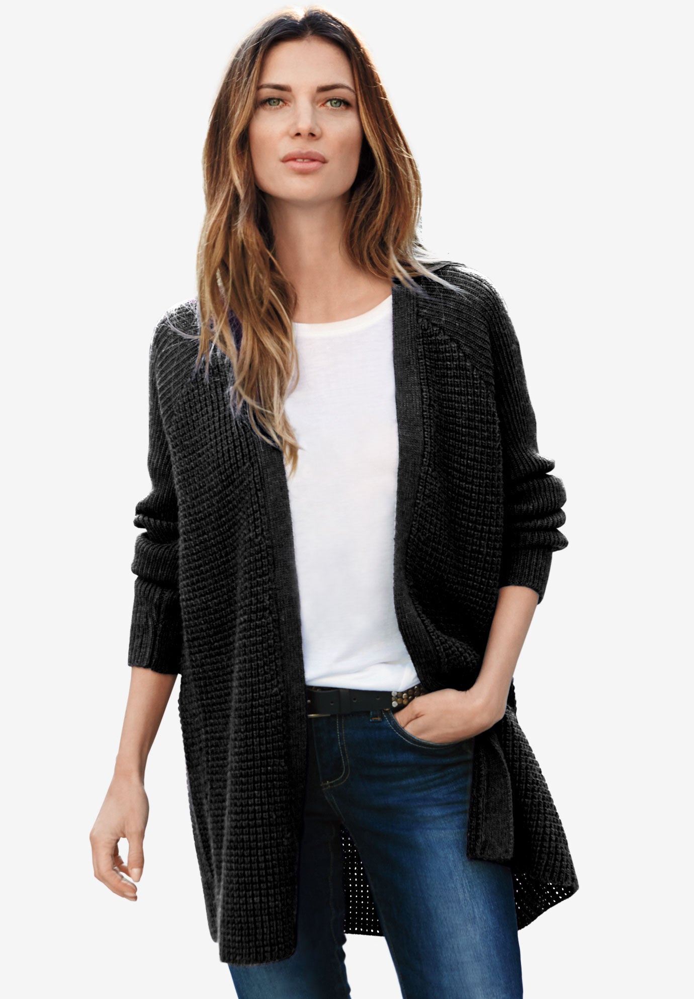 Fashionable Open Front Waffle Cardigan, Black | Roaman's