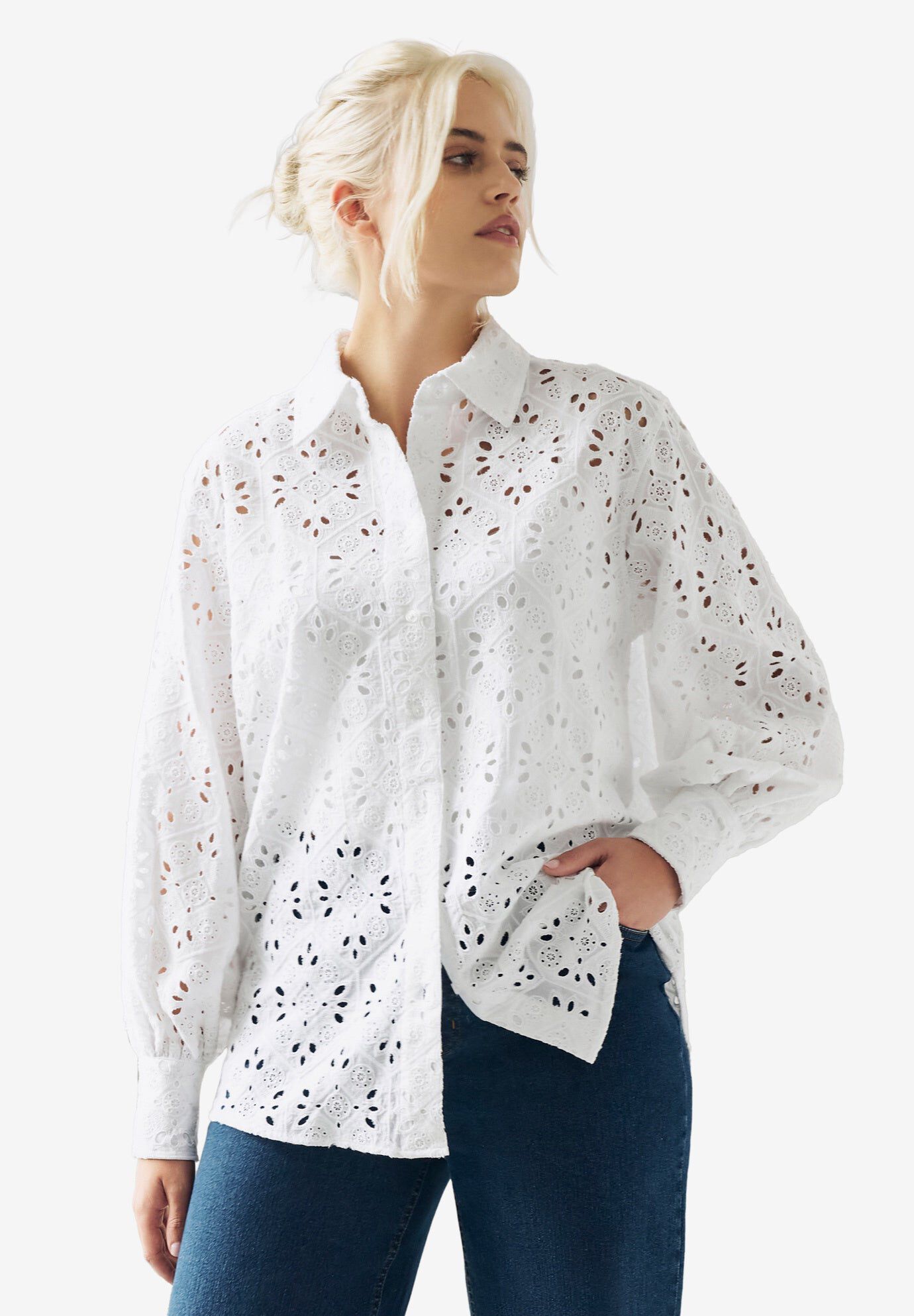 Fashionable Eyelet Button Front Shirt With Blouson Sleeves, White ...