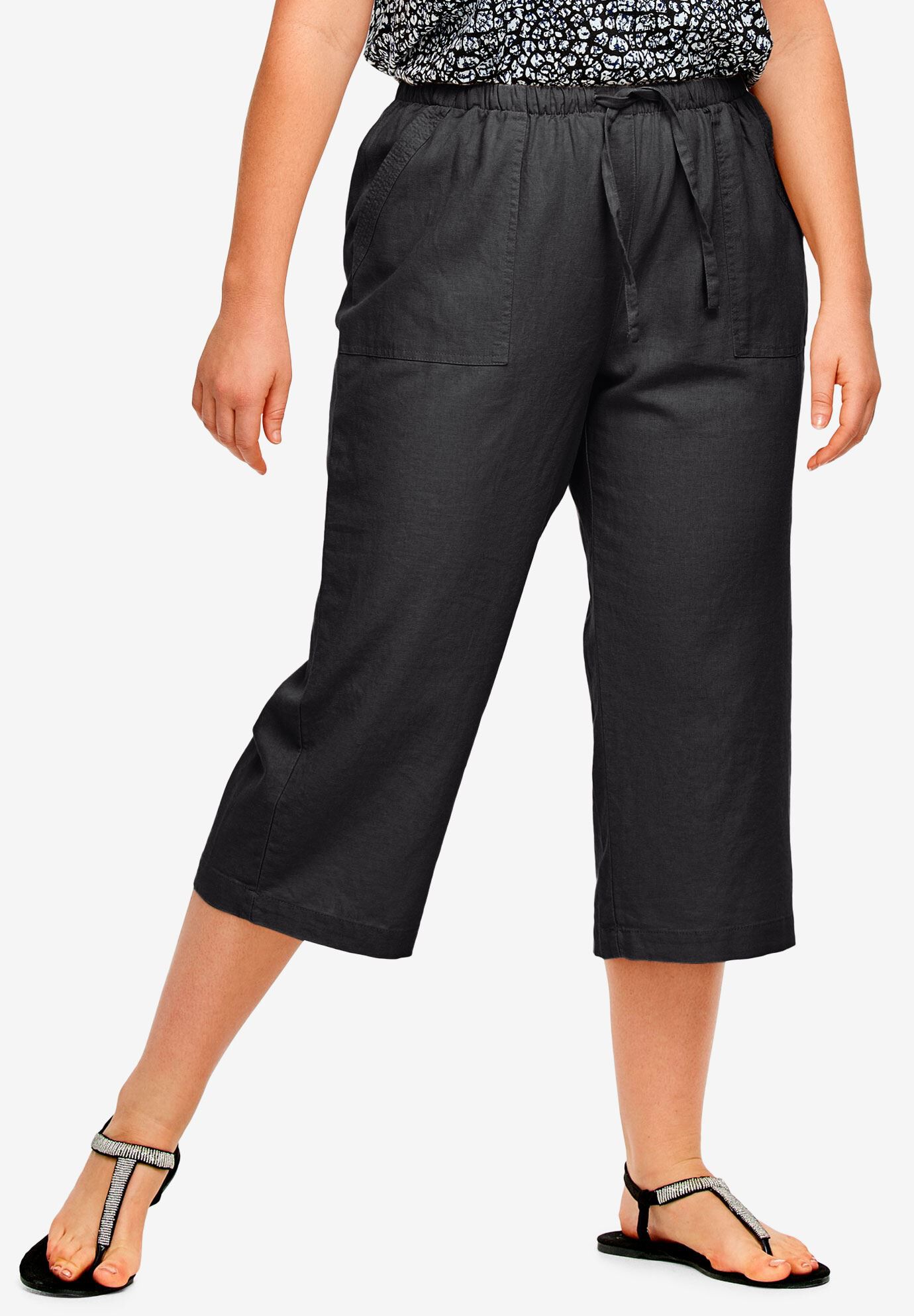 Fashionable Linen Blend Drawstring Capris, Black | Roaman's