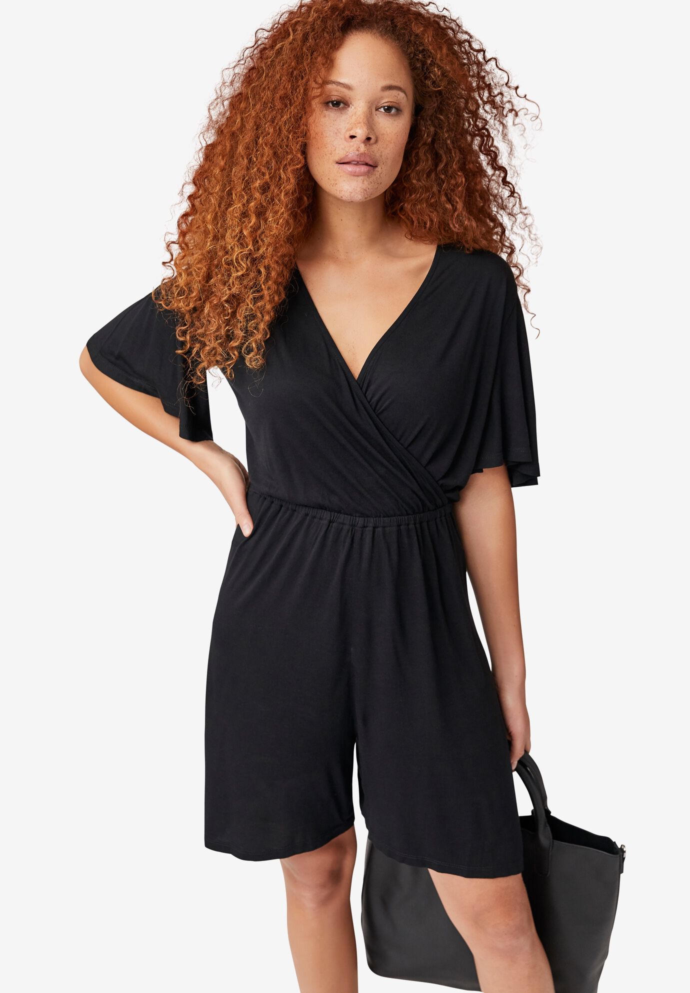 Fashionable Flutter Sleeve Surplice Romper, Black | Roaman's