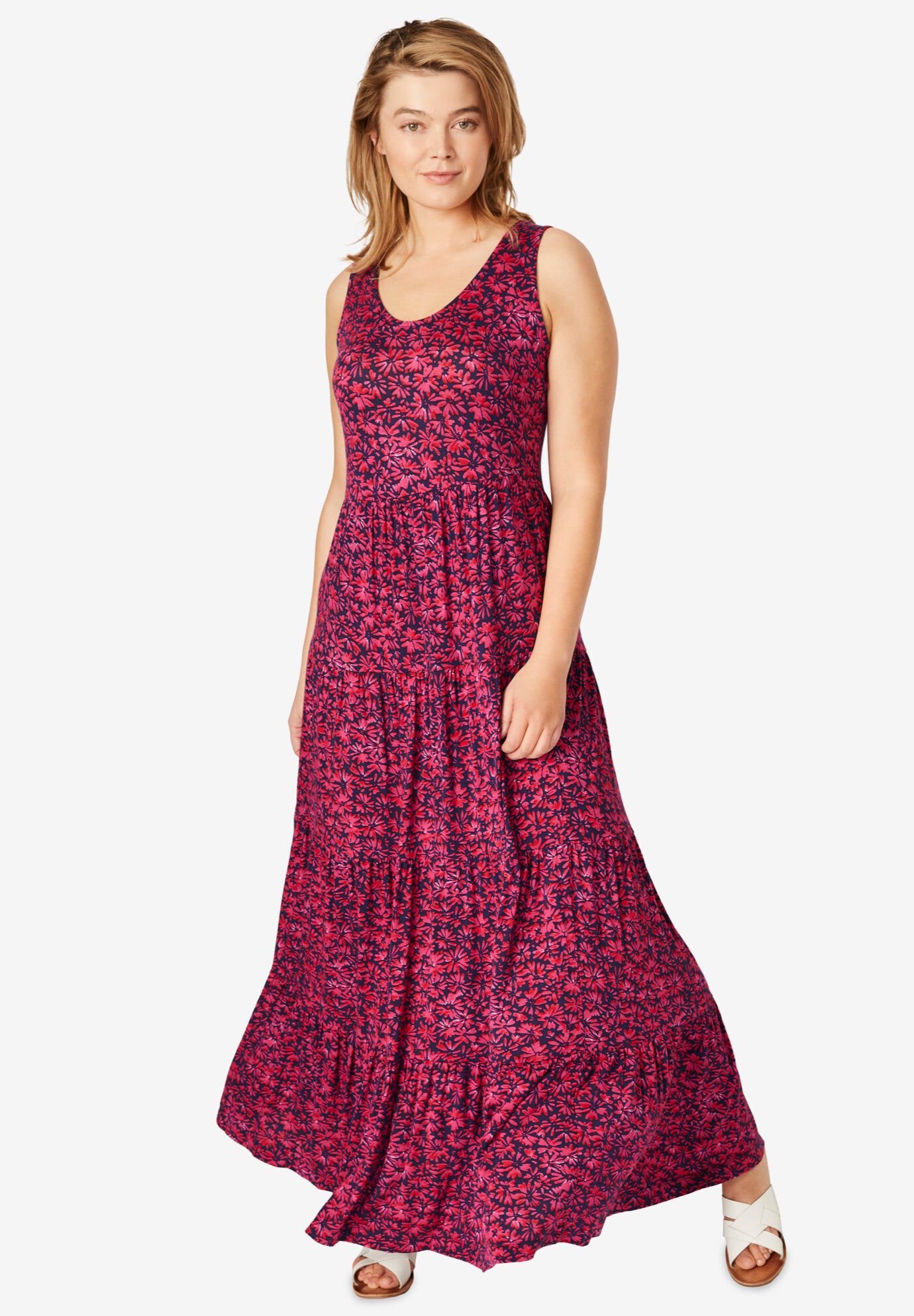 Fashionable Tiered Maxi Dress, Periwinkle Raspberry Floral | Roaman's