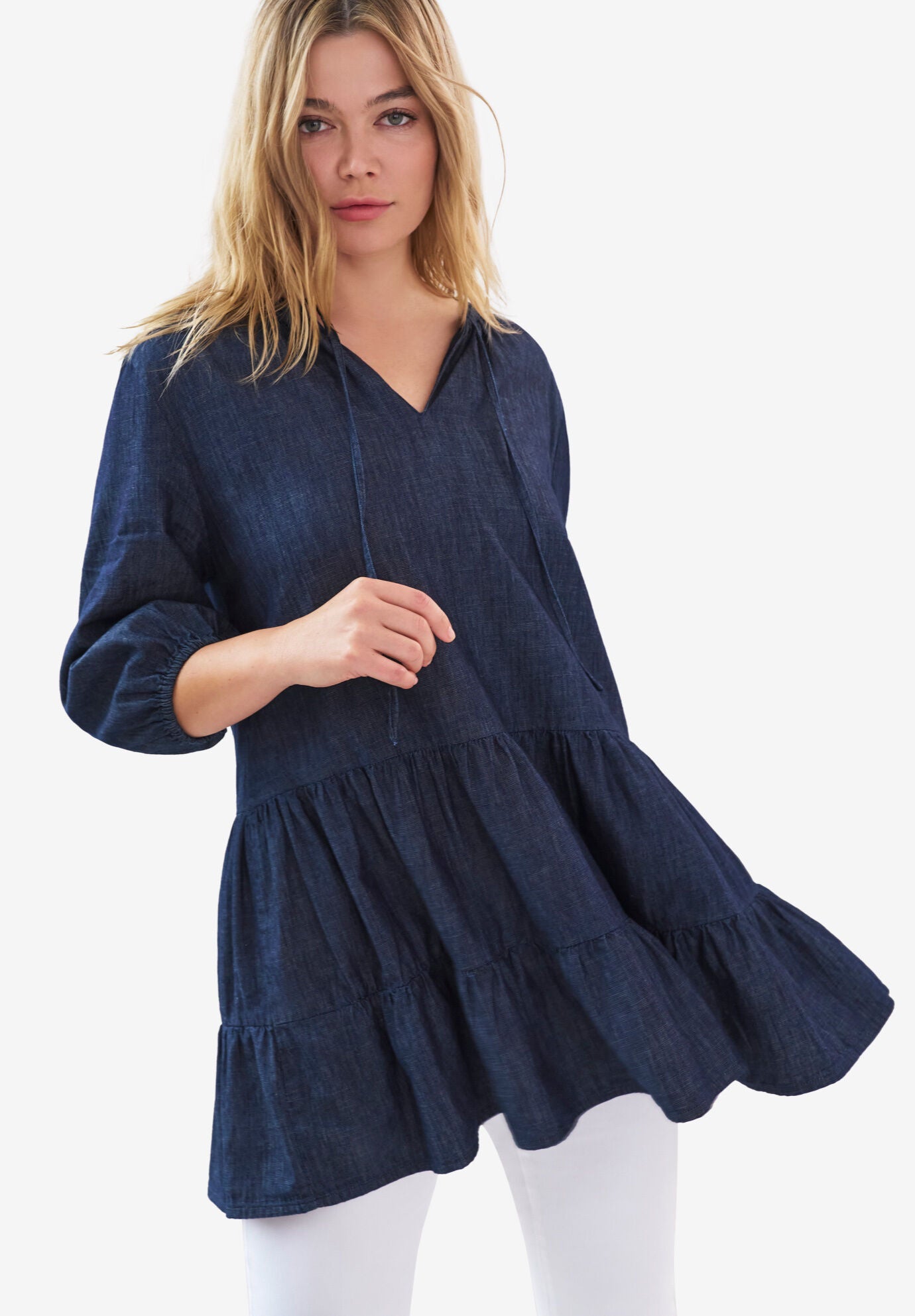 Fashionable Tiered Denim Tunic With Keyhole Neckline, Dark Wash | Roaman's