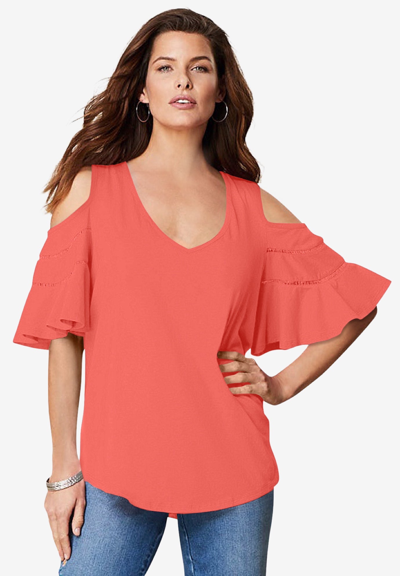 Fashionable Ruffle-Sleeve Top with Cold Shoulder Detail, Sunset Coral ...