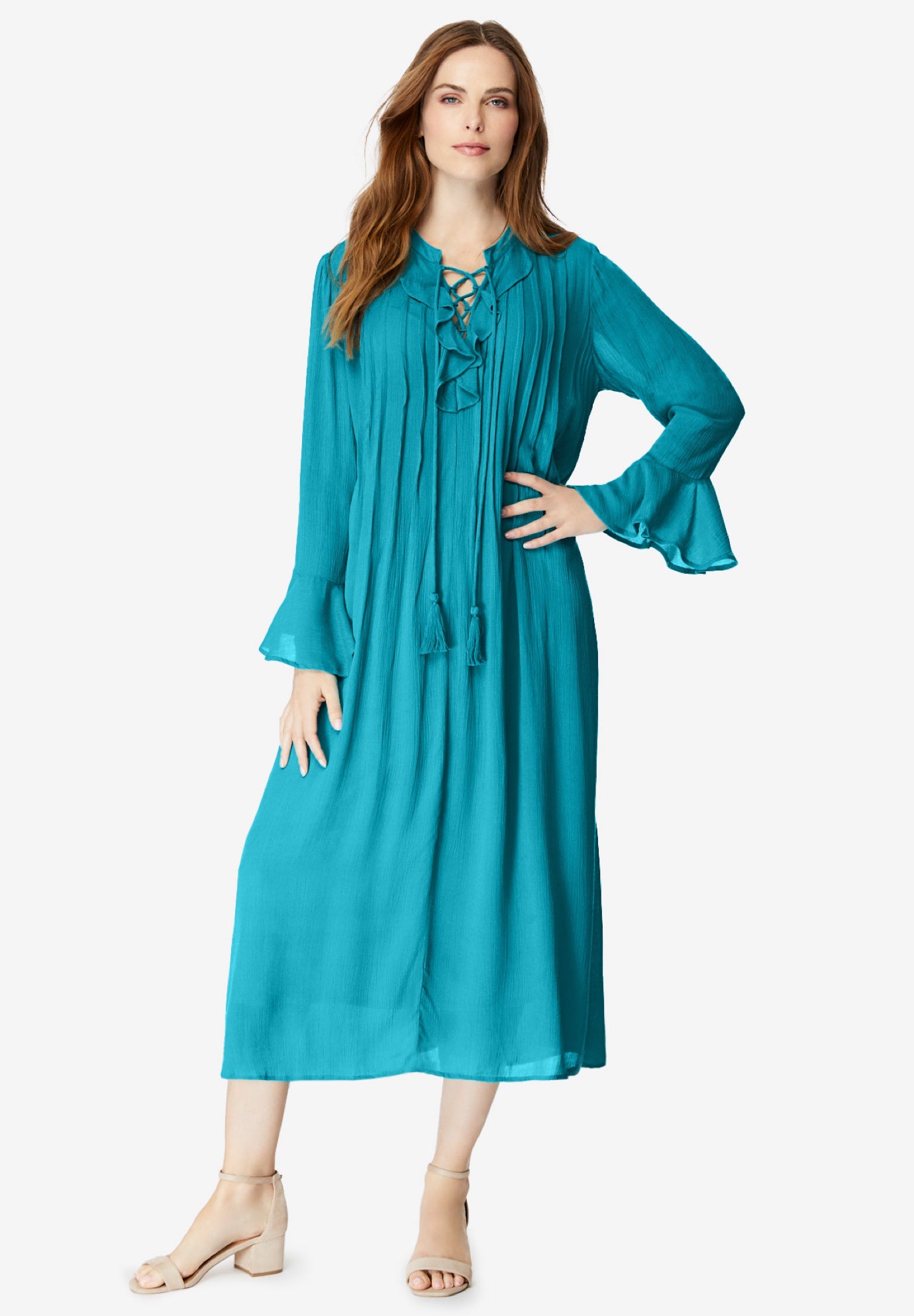 Fashionable Ruffle Pintuck Crinkle Dress, Deep Turquoise | Roaman's