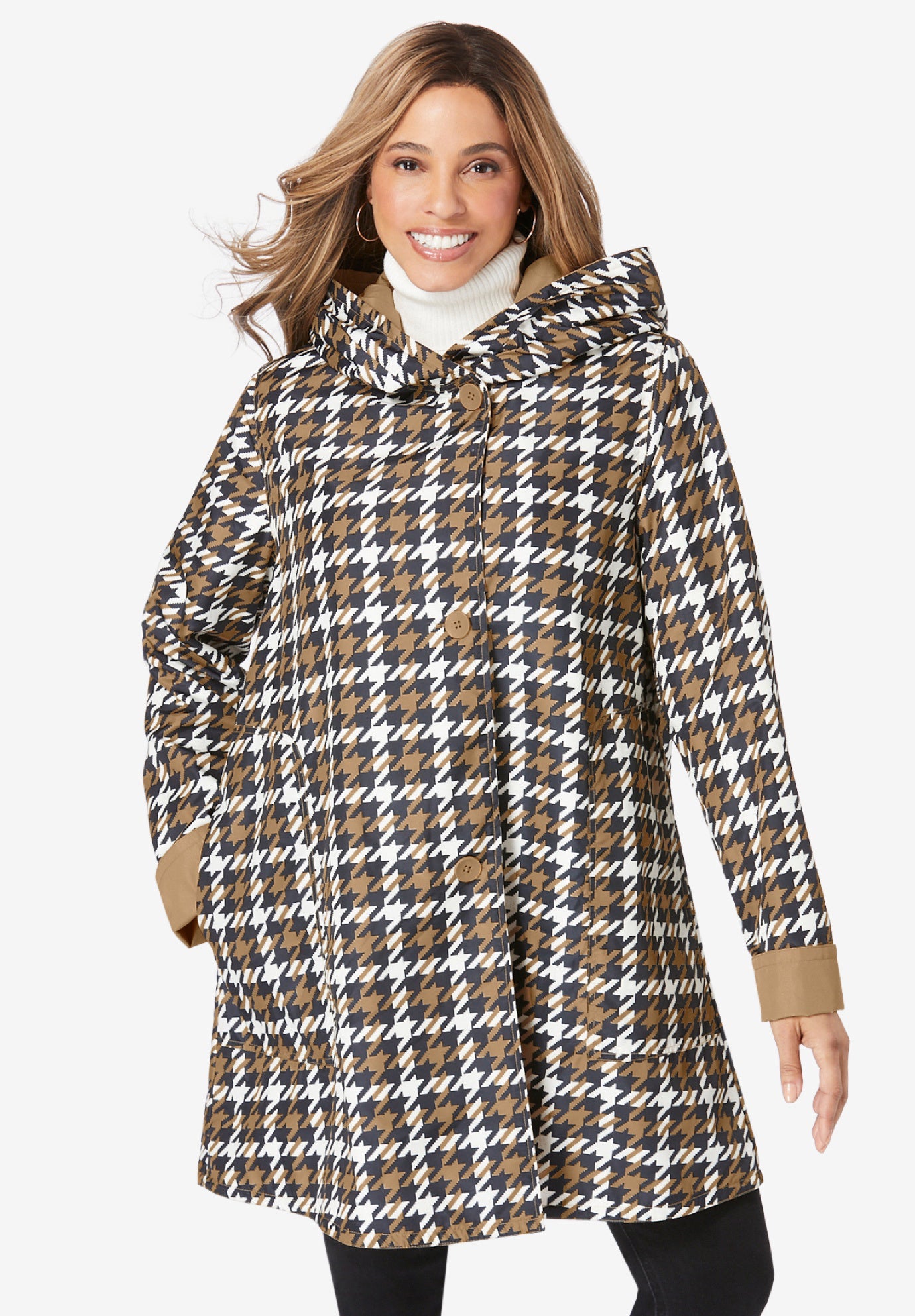 Fashionable Reversible A-Line Raincoat, Camel Diamond Stripe | Roaman's