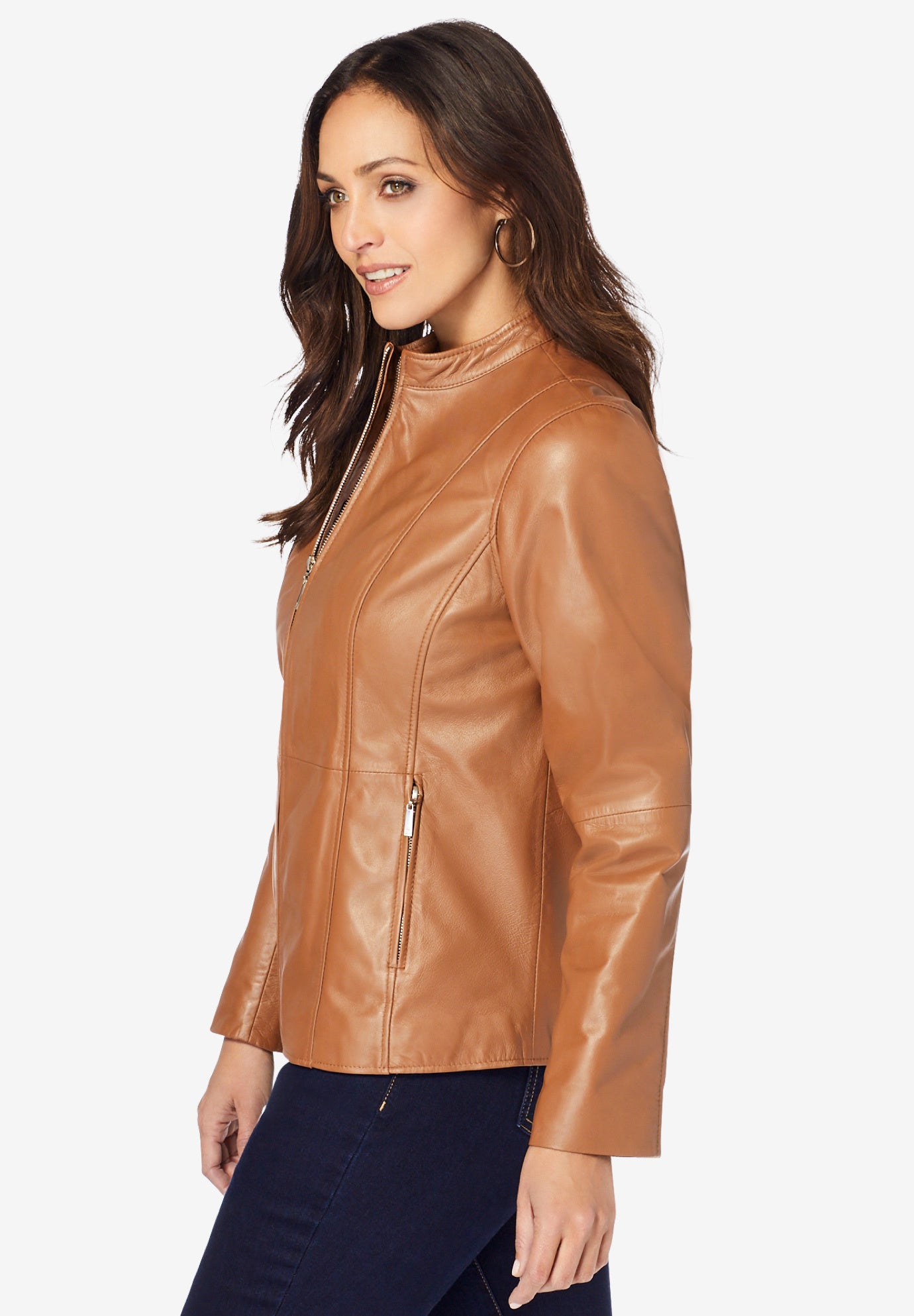 Fashionable Zip Front Leather Jacket, Black | Roaman's