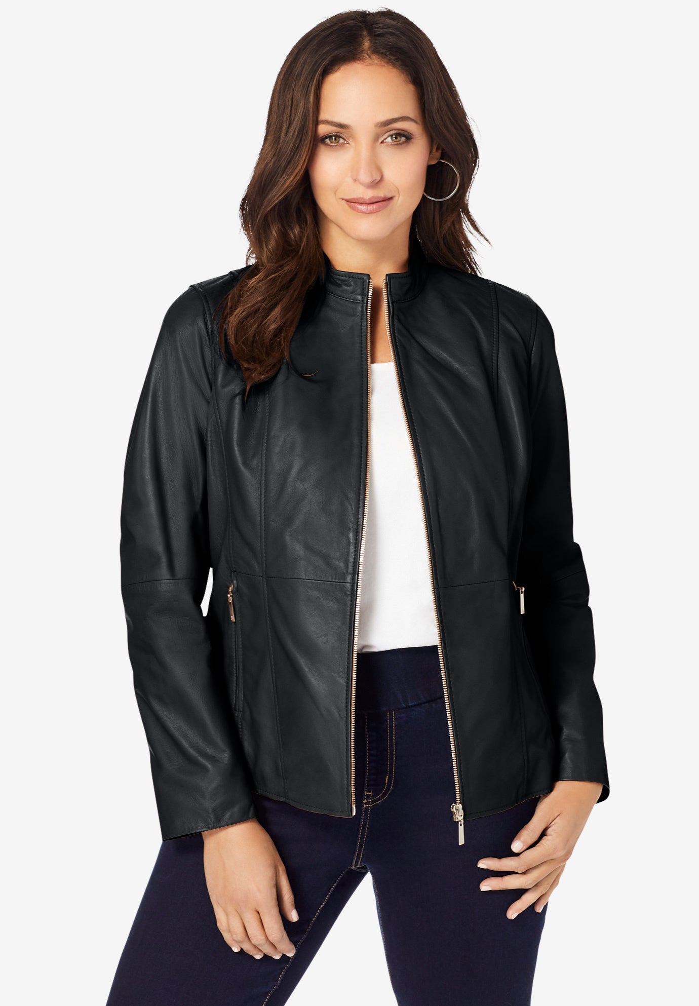 Fashionable Zip Front Leather Jacket, Black | Roaman's