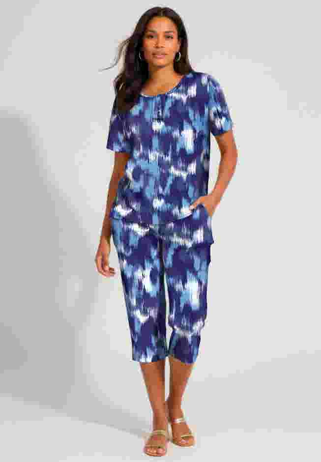 Fashionable Printed Henley Capri Set, Soft Sky Ikat | Roaman's