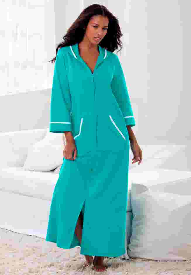 Fashionable Long French Terry Robe, Pool Blue | Roaman's