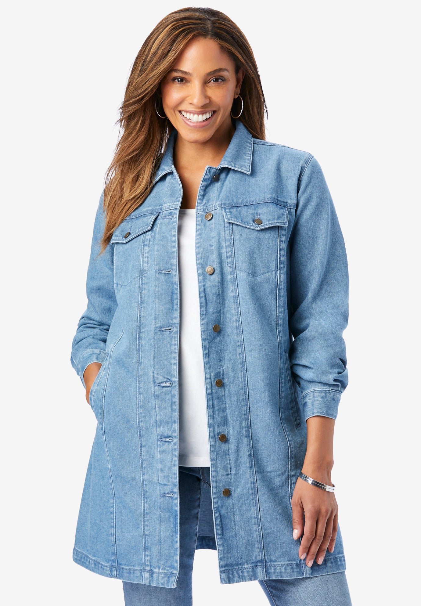 Fashionable Long Denim Jacket, Light Wash | Roaman's