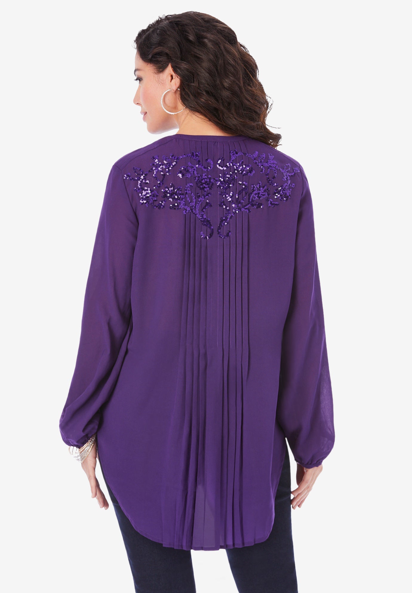 Fashionable Sequin Floral Tunic, Midnight Violet | Roaman's