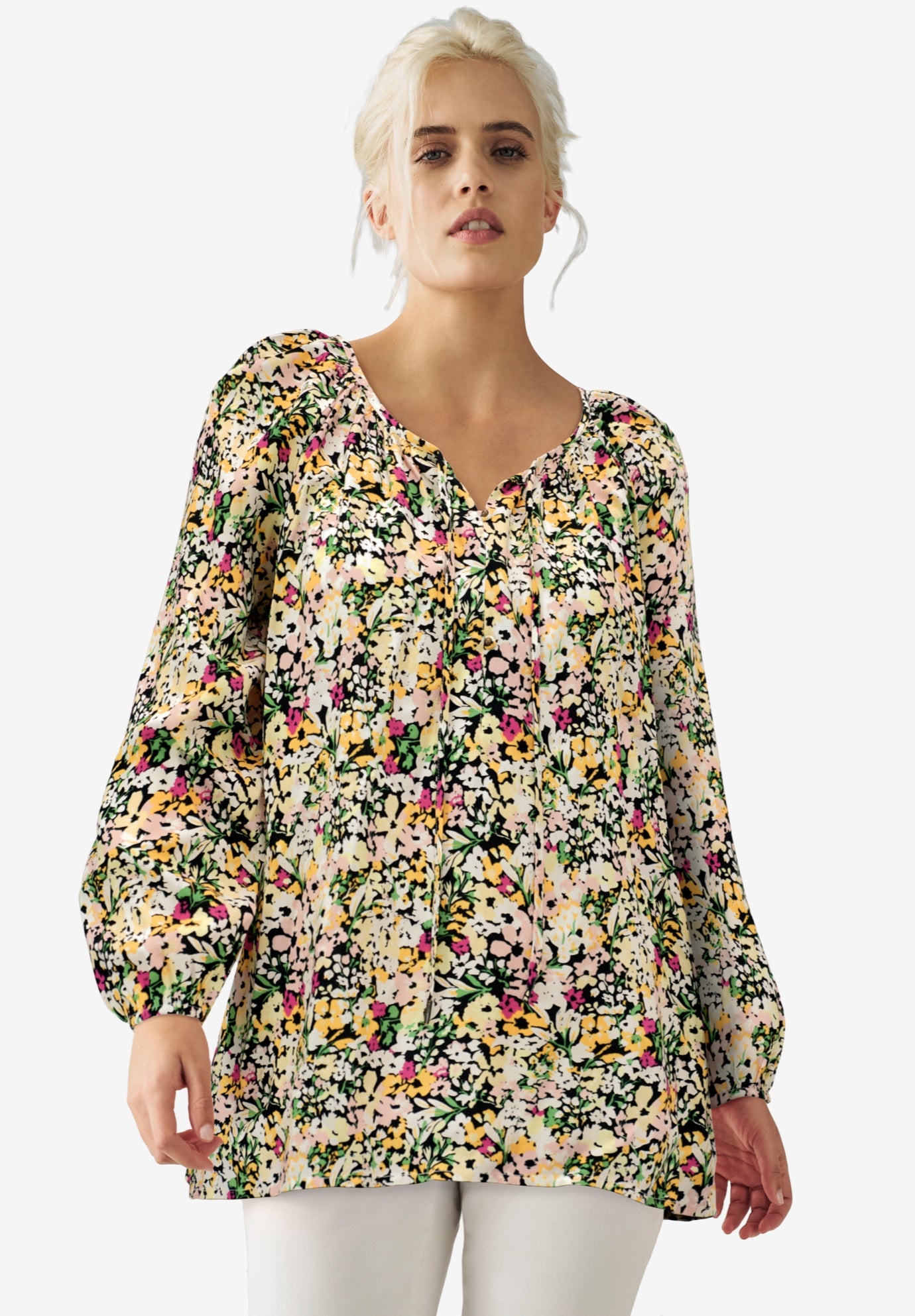 Fashionable Tie Neck Peasant Tunic, Butter Multi Floral | Roaman's