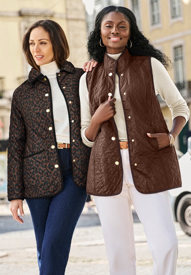 Fashionable Snap-Front Quilted Coat, Black | Roaman's