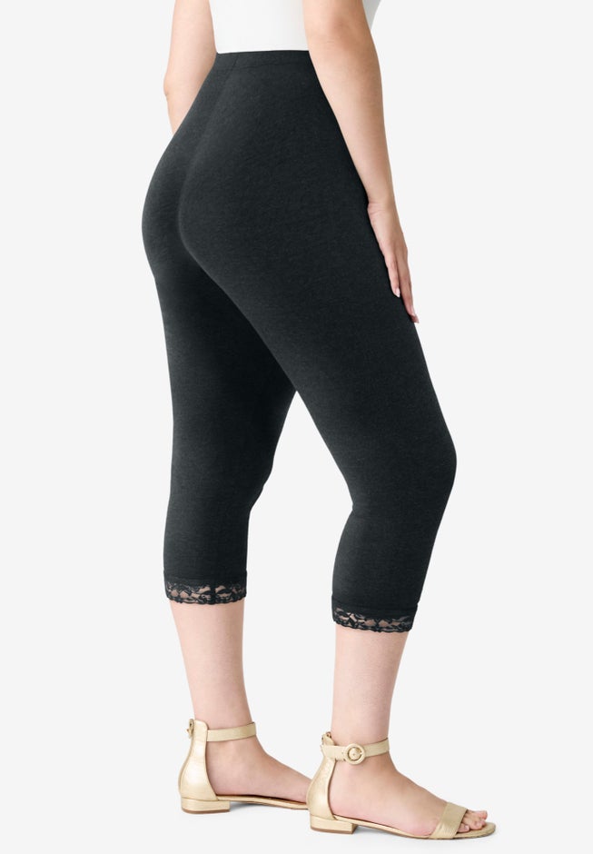 Fashionable Lace-Trim Essential Stretch Capri Legging, Heather Charcoal ...