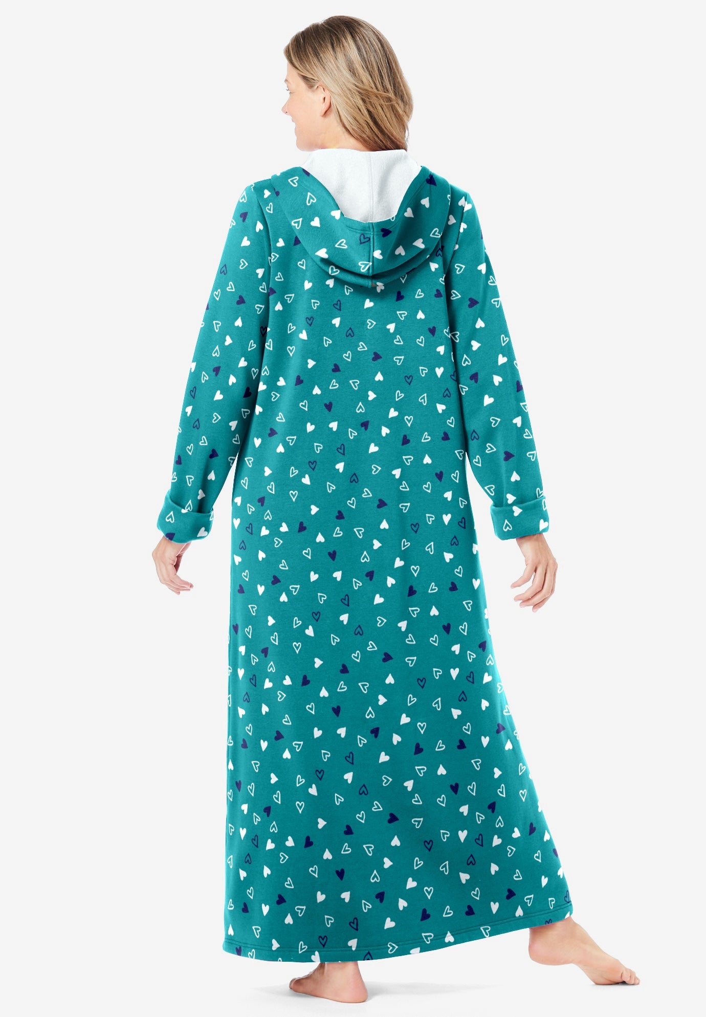 Fashionable Long Hooded Fleece Sweatshirt Robe, Waterfall Hearts | Roaman's