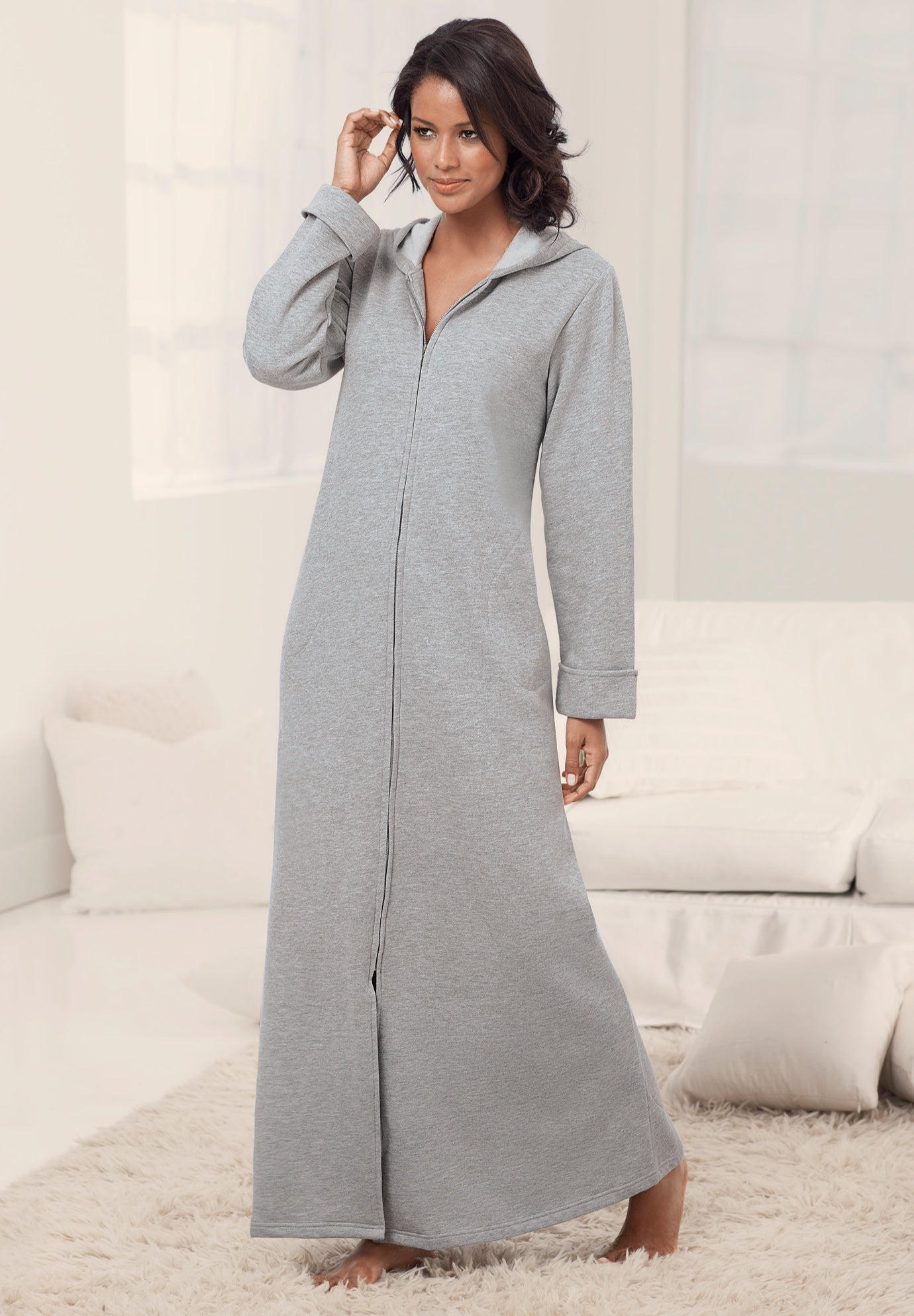Fashionable Long Hooded Fleece Sweatshirt Robe, Heather Grey | Roaman's