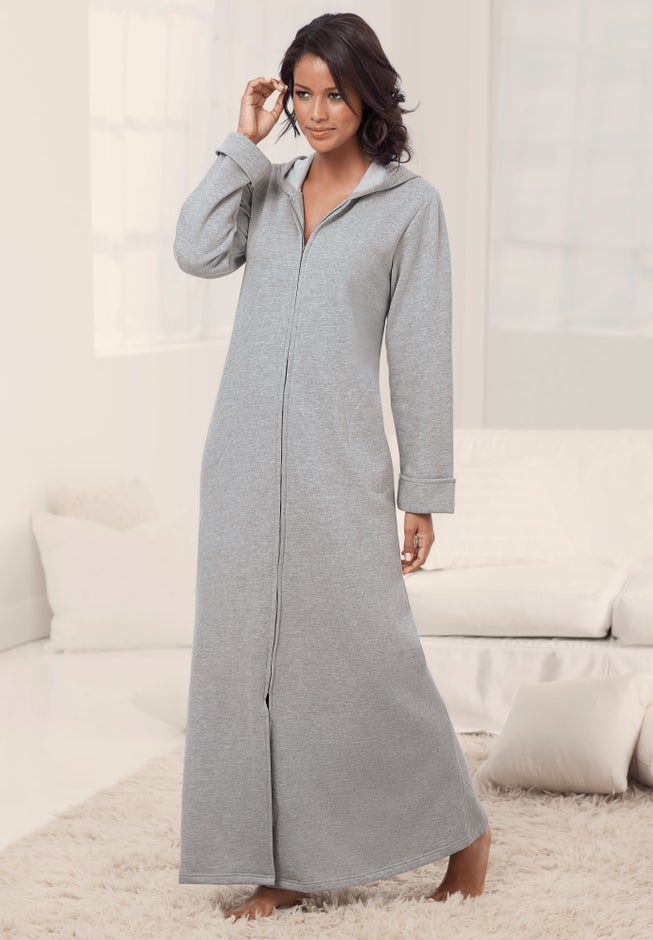 Fashionable Long Hooded Fleece Sweatshirt Robe, Heather Grey | Roaman's