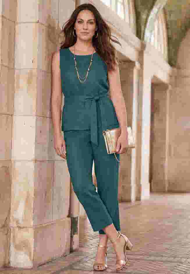 Fashionable 2-Piece Linen Capri Set, Mystic Pine | Roaman's