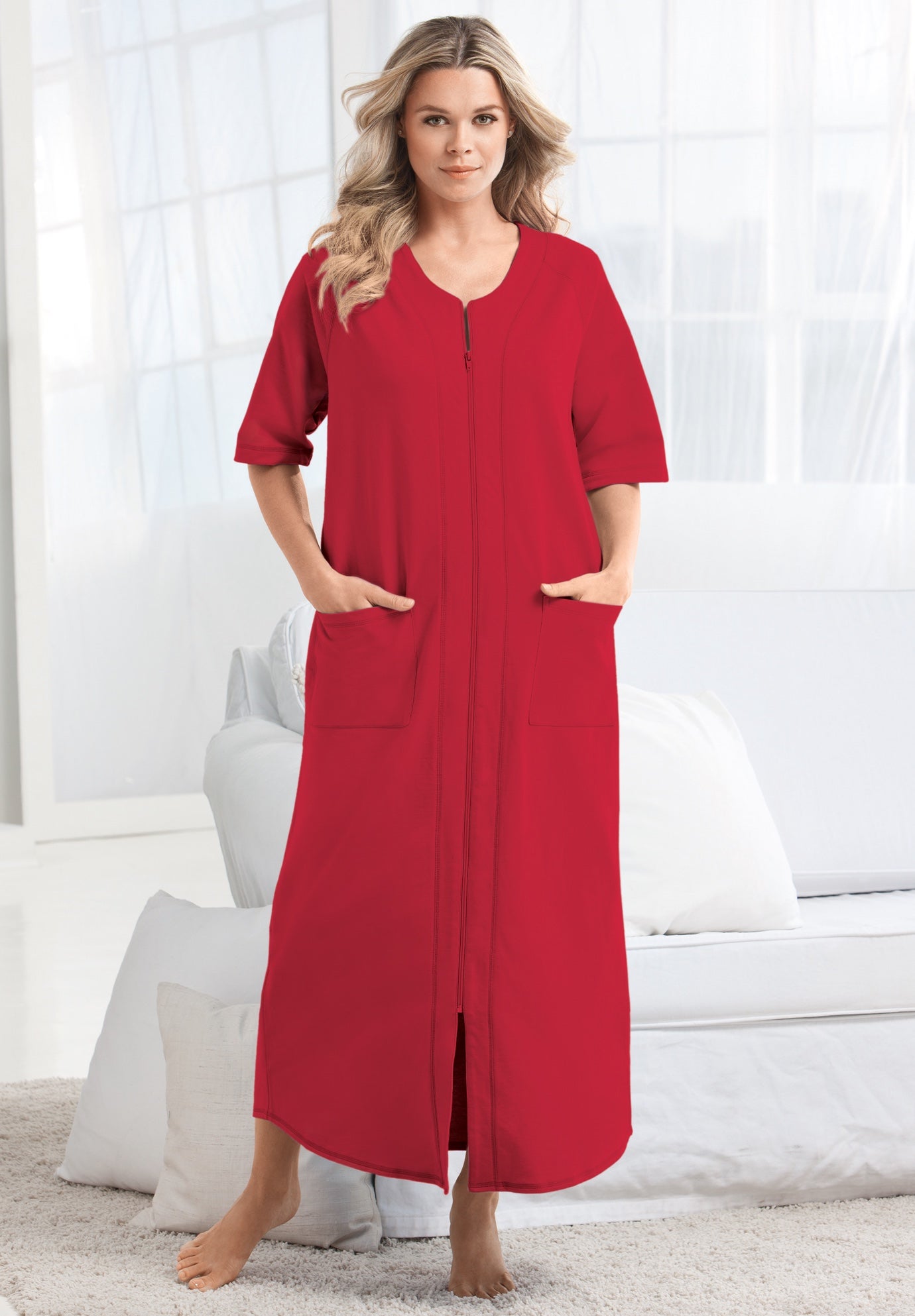 Fashionable Long French Terry Zip-Front Robe, Classic Red | Roaman's