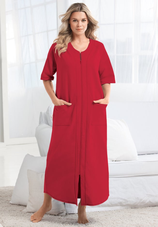 Fashionable Long French Terry Zip-Front Robe, Classic Red | Roaman's