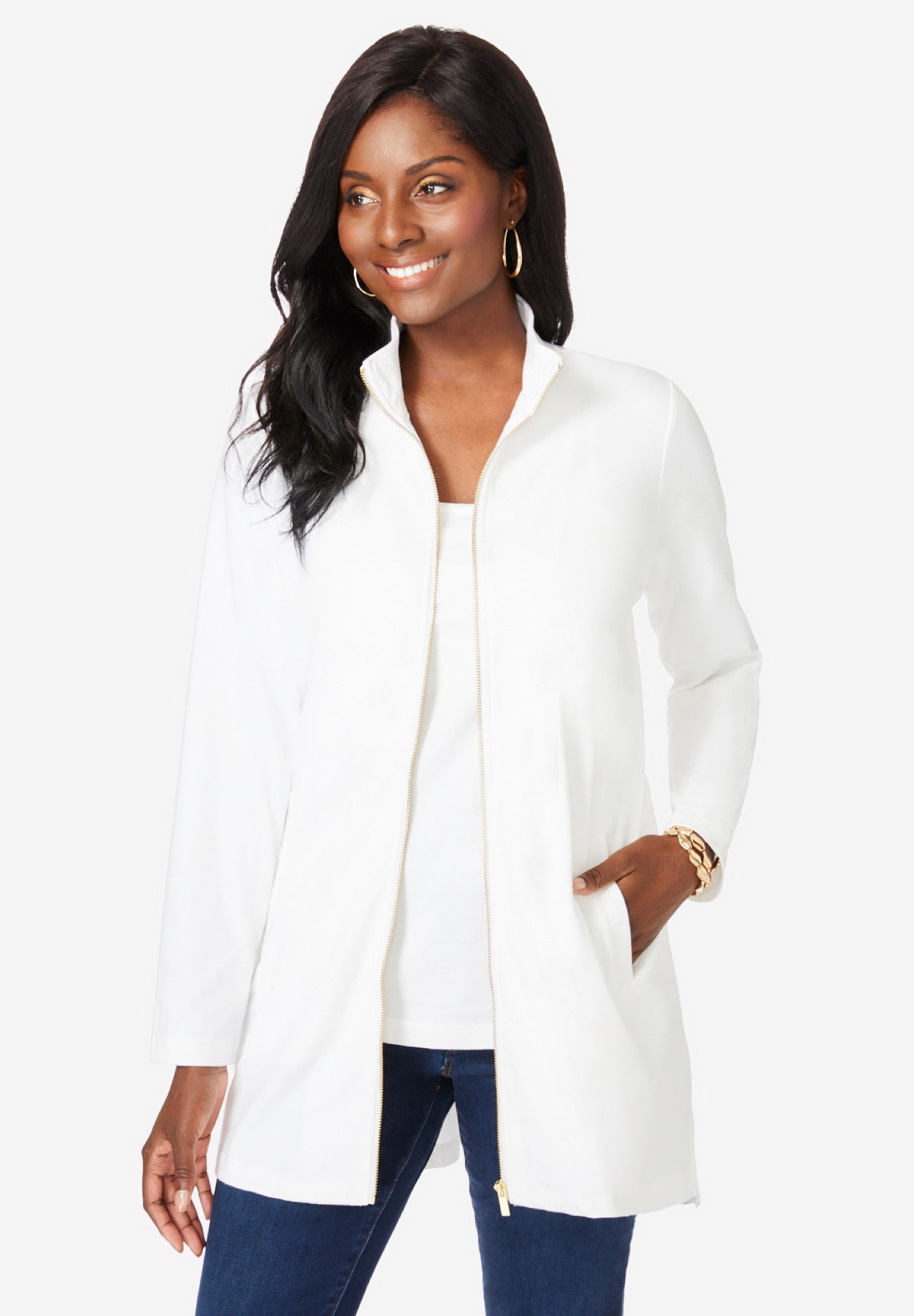 Fashionable Stretch Cotton Zip Front Hi-Low Jacket, Black | Roaman's