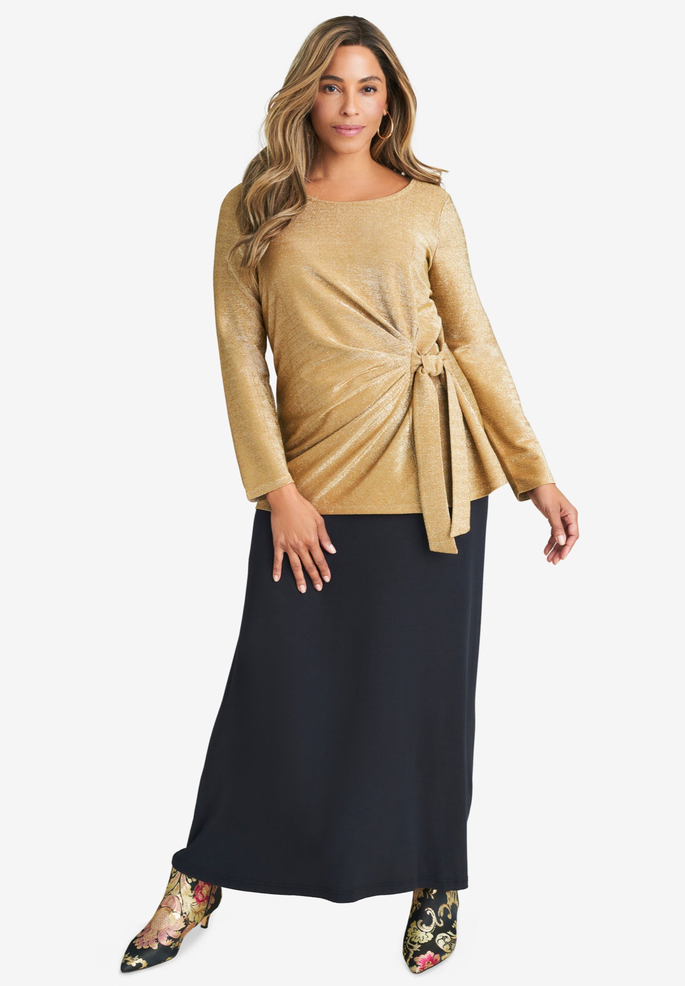 Fashionable Shimmery Side-Gathered Tunic, Gold | Roaman's