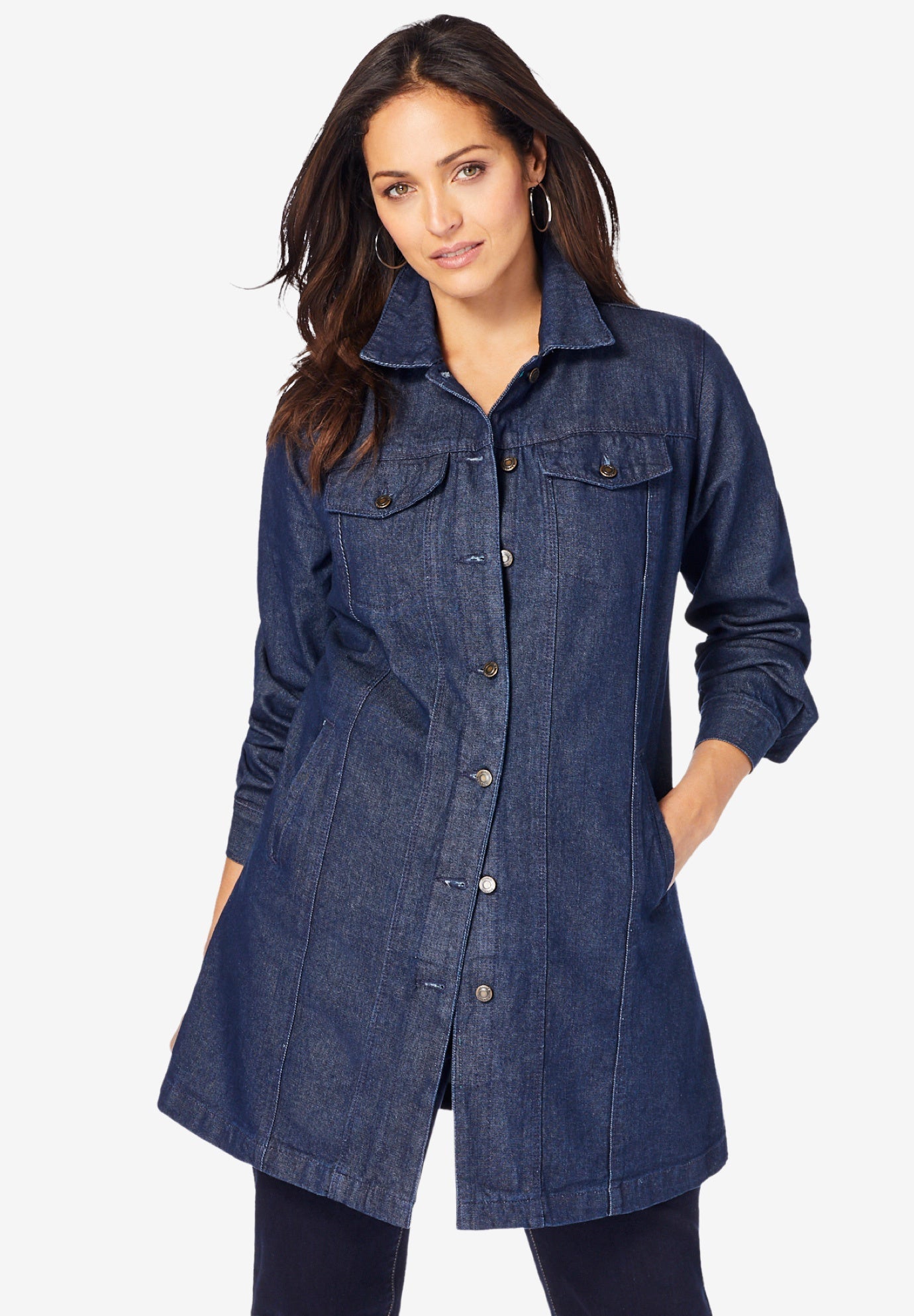 Fashionable Long Denim Jacket, Indigo | Roaman's