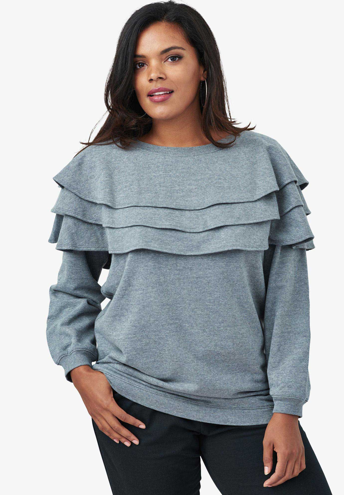 Tiered Ruffle Sweatshirt | Plus Size Sweaters | Roaman's