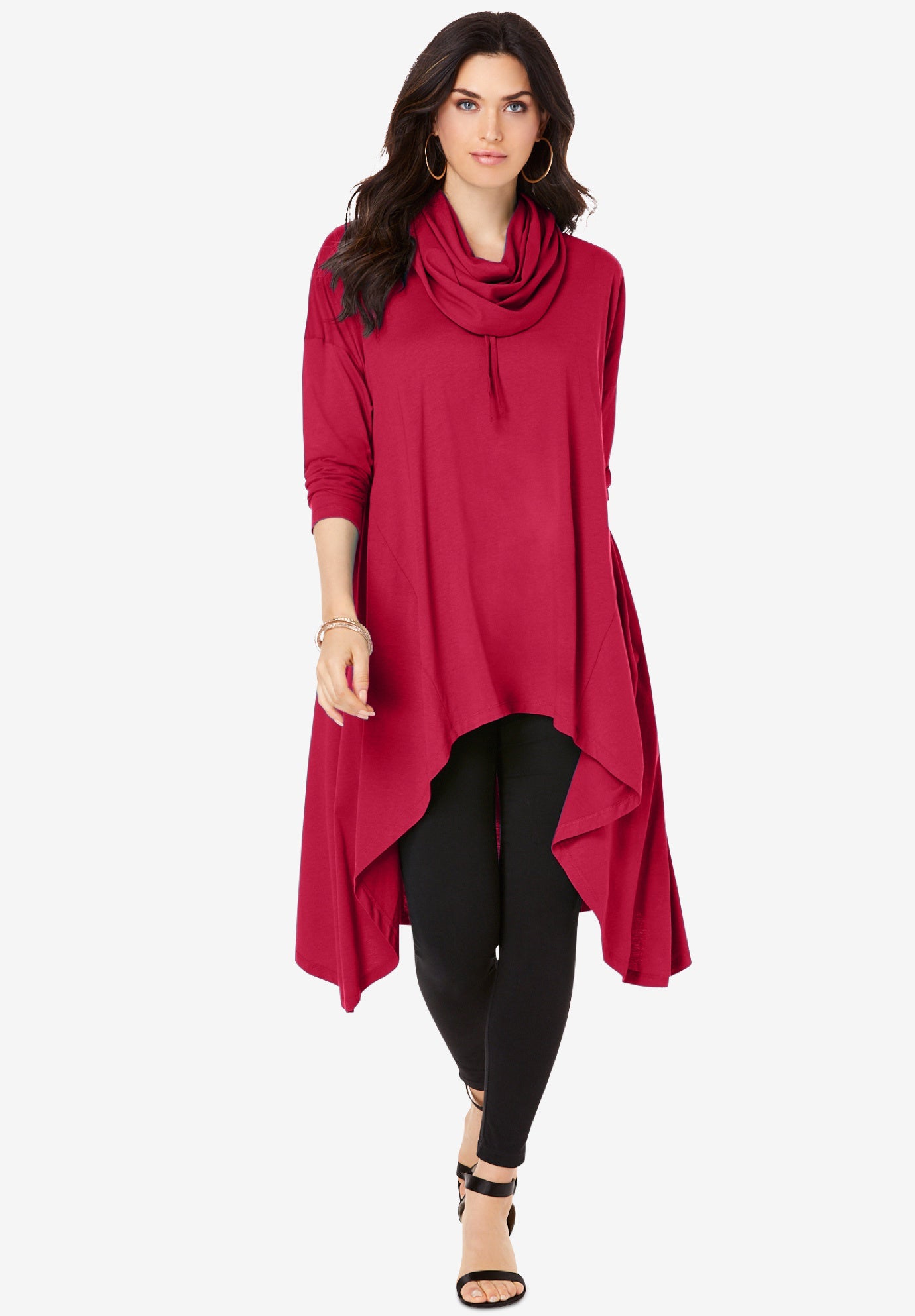 Fashionable Drawstring Cowl-Neck Ultra Femme Tunic, Classic Red | Roaman's