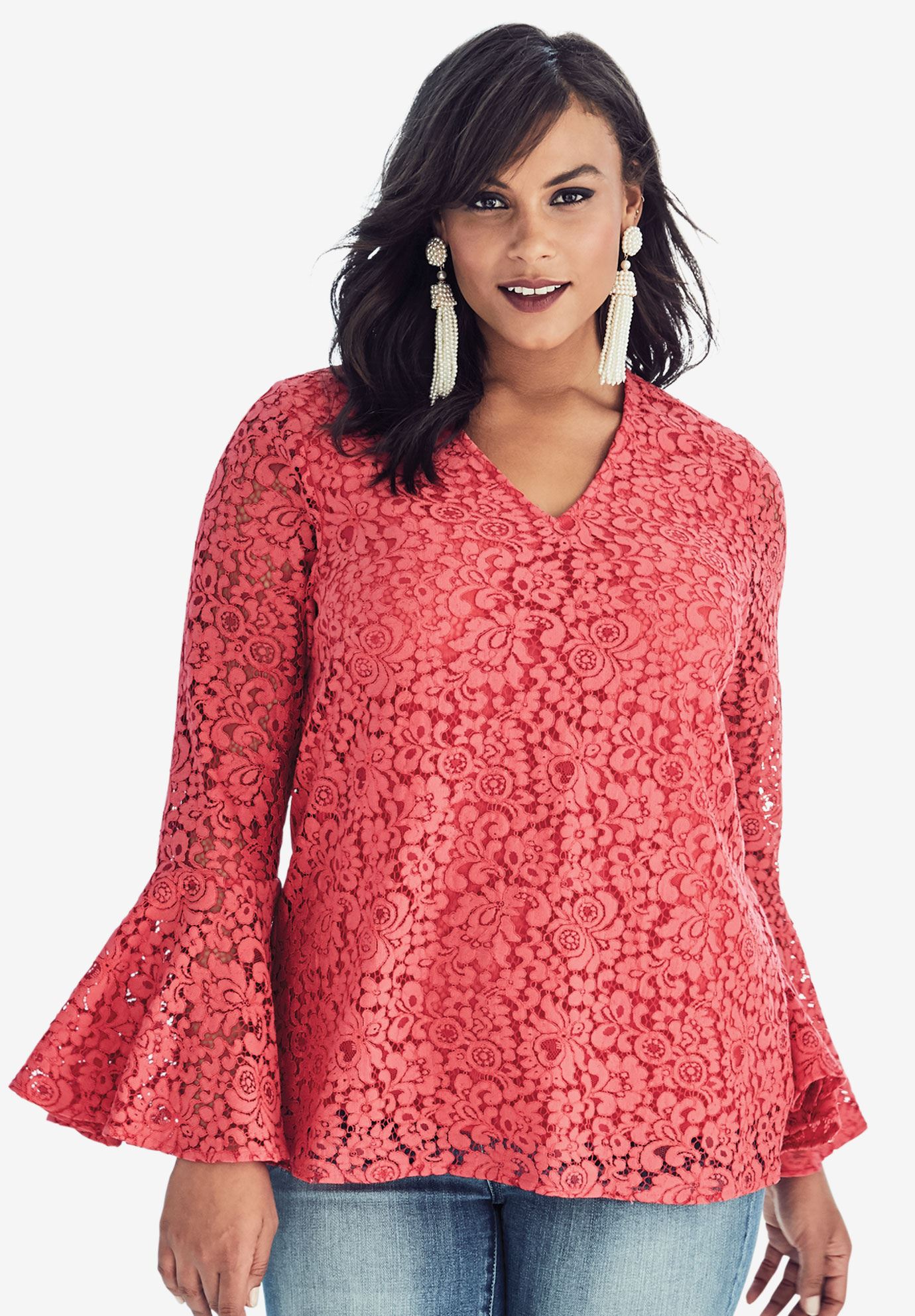 Lace Bell Sleeve Blouse Plus Size Blouses And Shirts Roamans