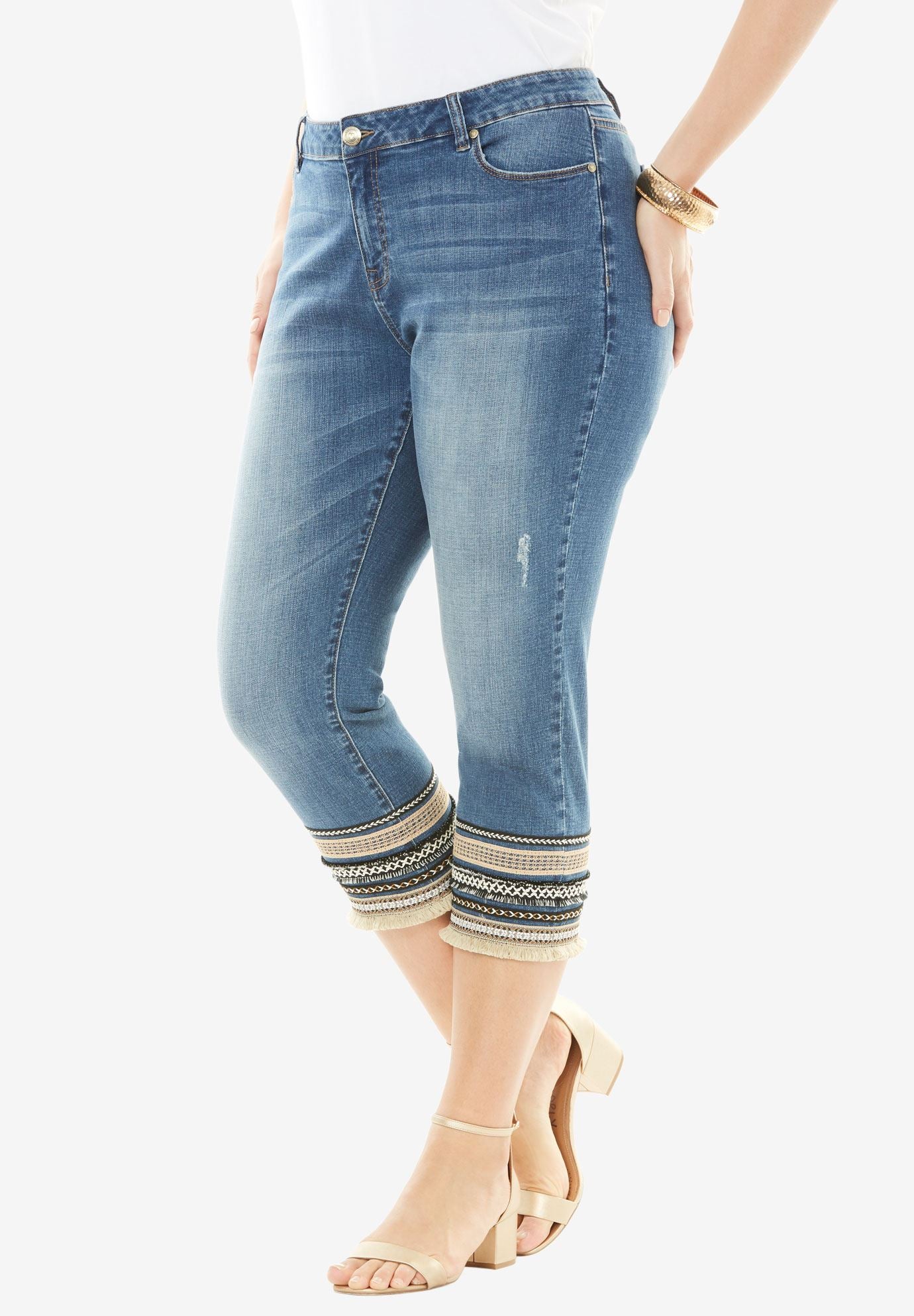 Fashionable Striped Hem Capri Jean by Denim 24/7® | Roaman's