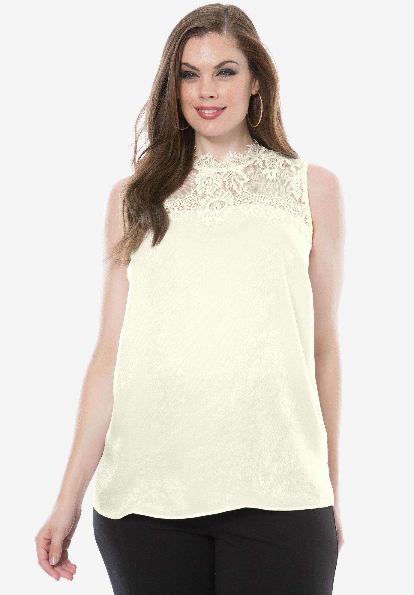 Floral Lace Trim Tank Plus Size Tank Tops Roamans