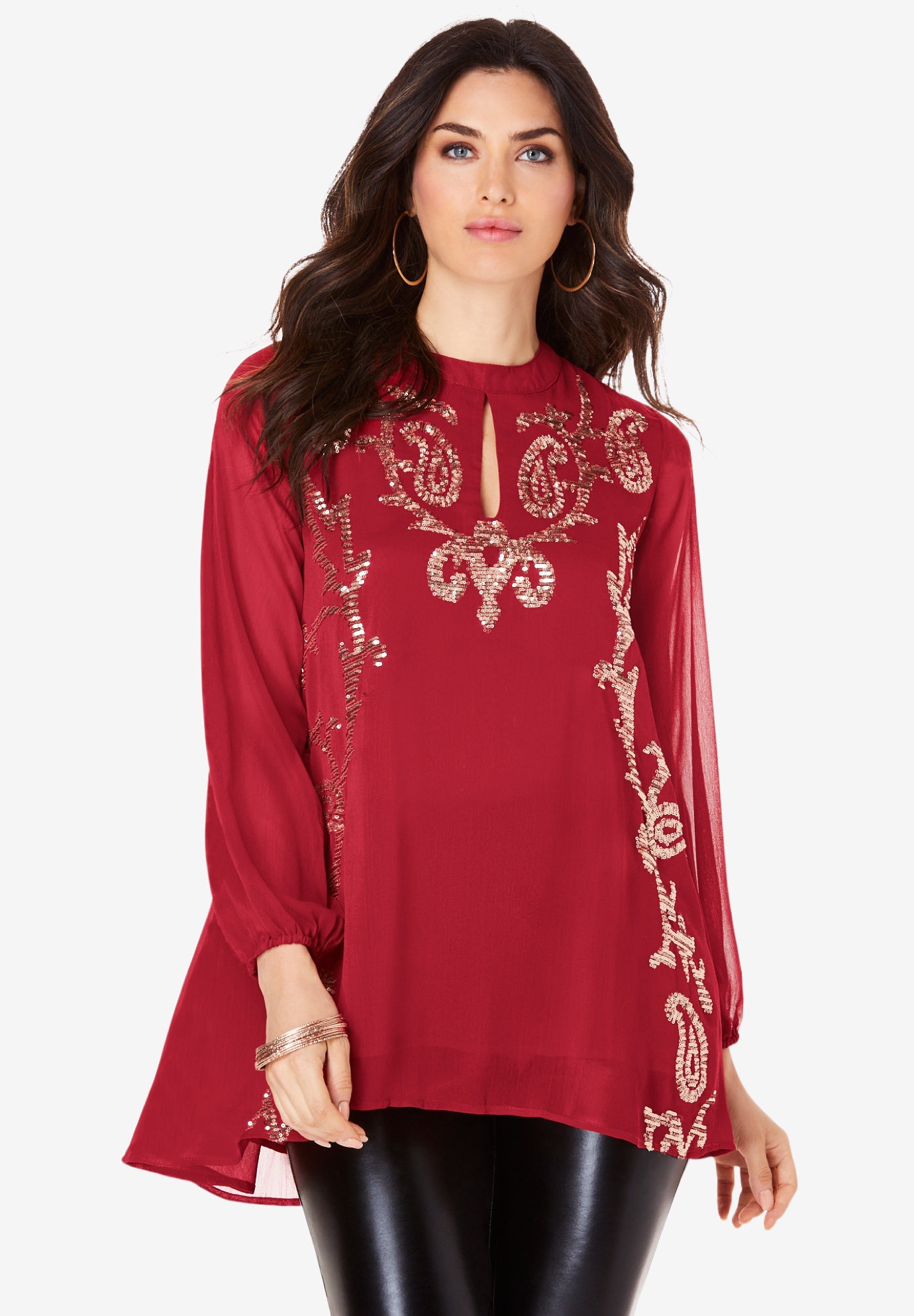 Fashionable Embellished Keyhole Tunic, Classic Red | Roaman's