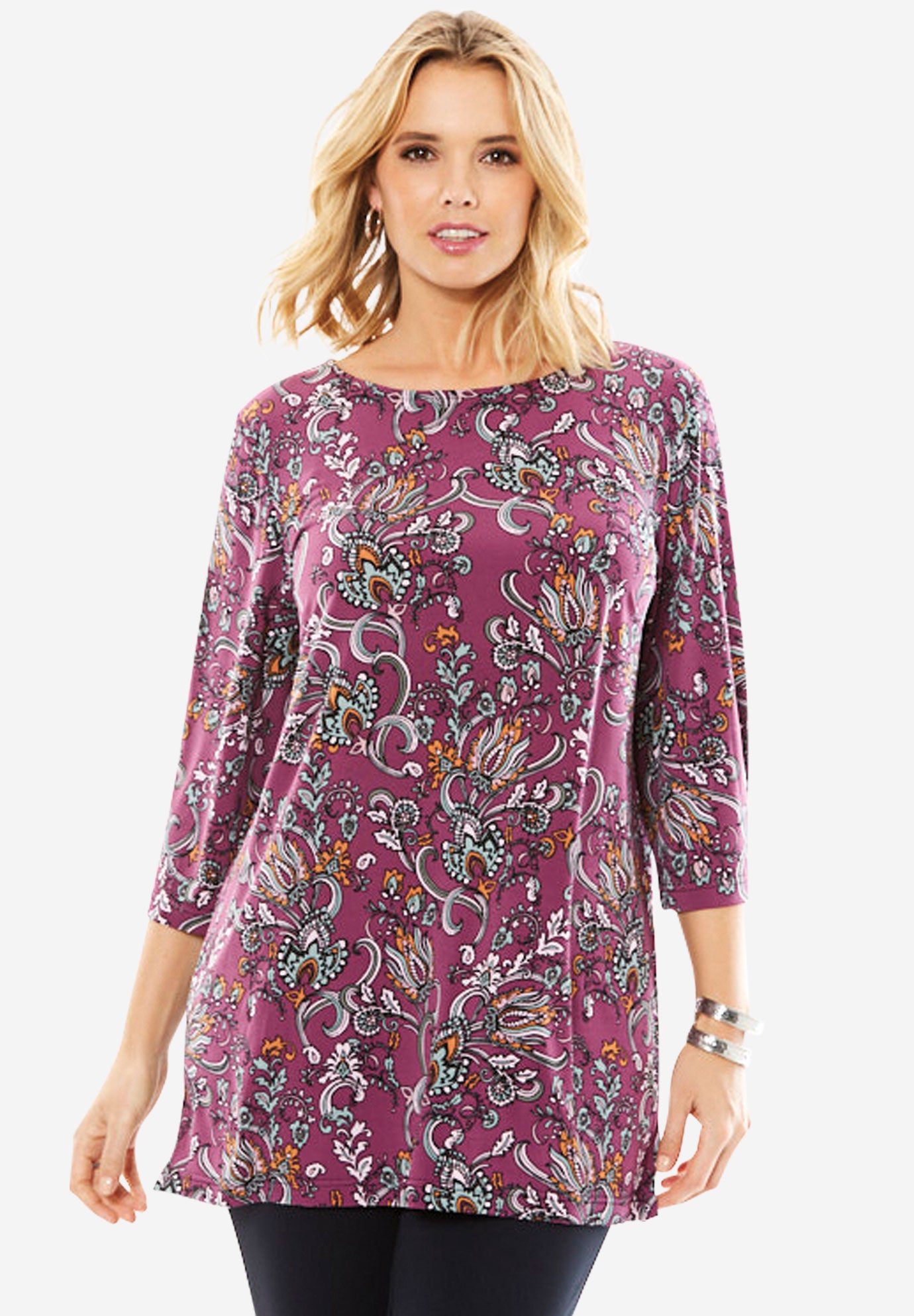 3 4 Sleeve Printed Tunic By Denim 24 7 Plus Size Tops Roamans