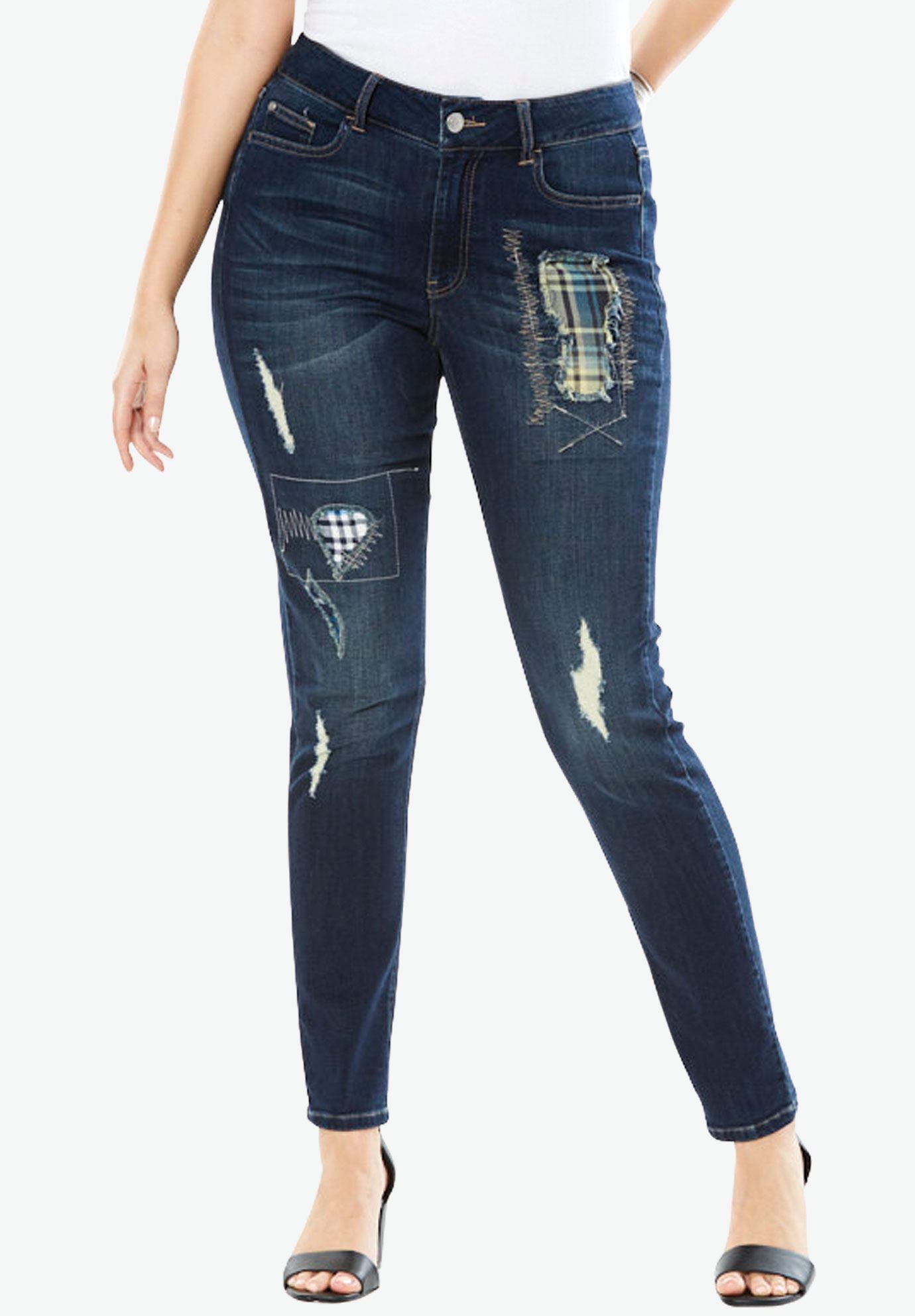 Plaid Patchwork Jeans By Denim 24 7 Plus Size Bottoms Roamans