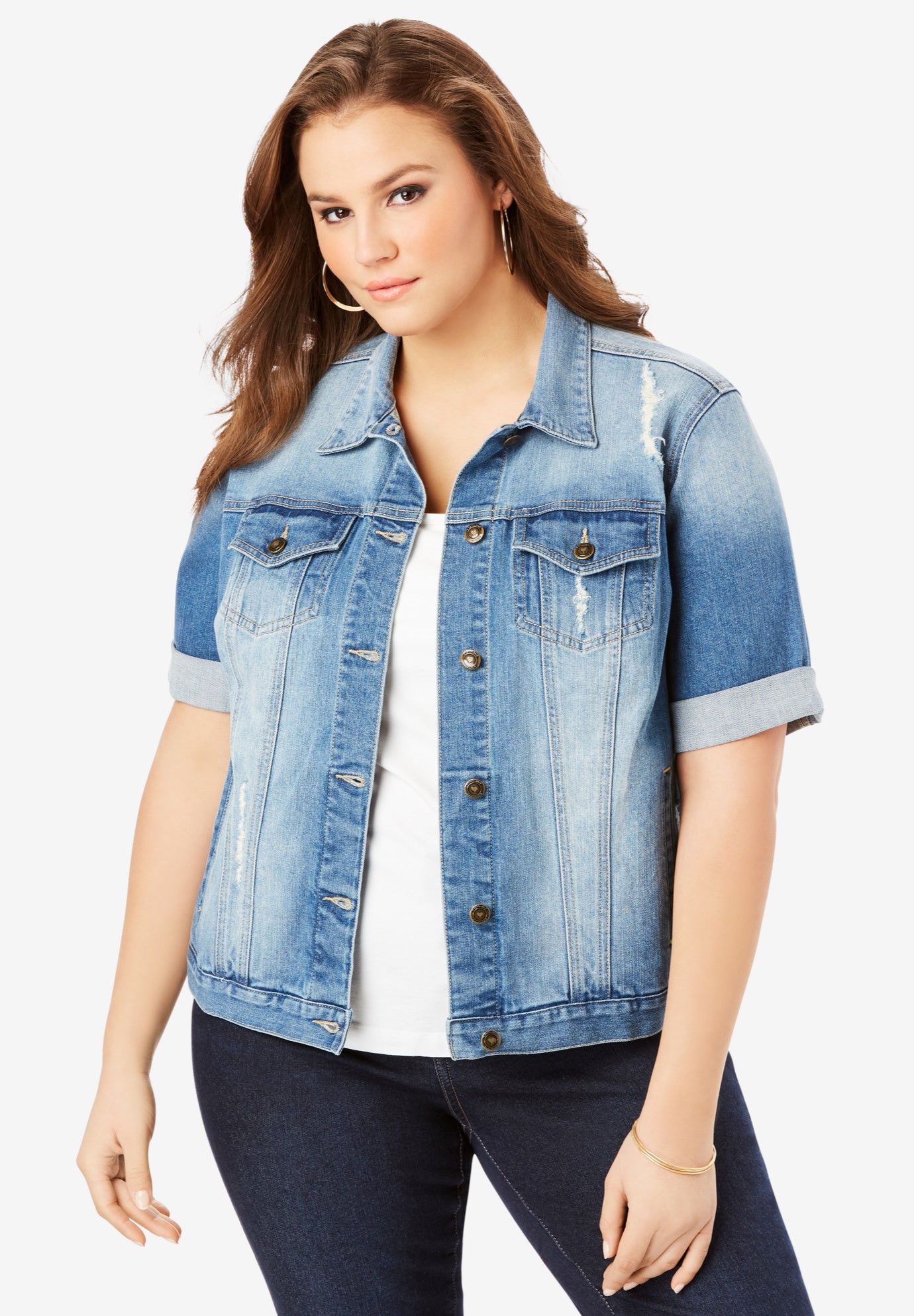 Short Sleeve Denim Jacket by Denim 24/7| Plus Size Jean Jackets | Roaman's Short Sleeve Denim Jacket by Denim 24/7| Plus Size Jean Jackets | Roaman's