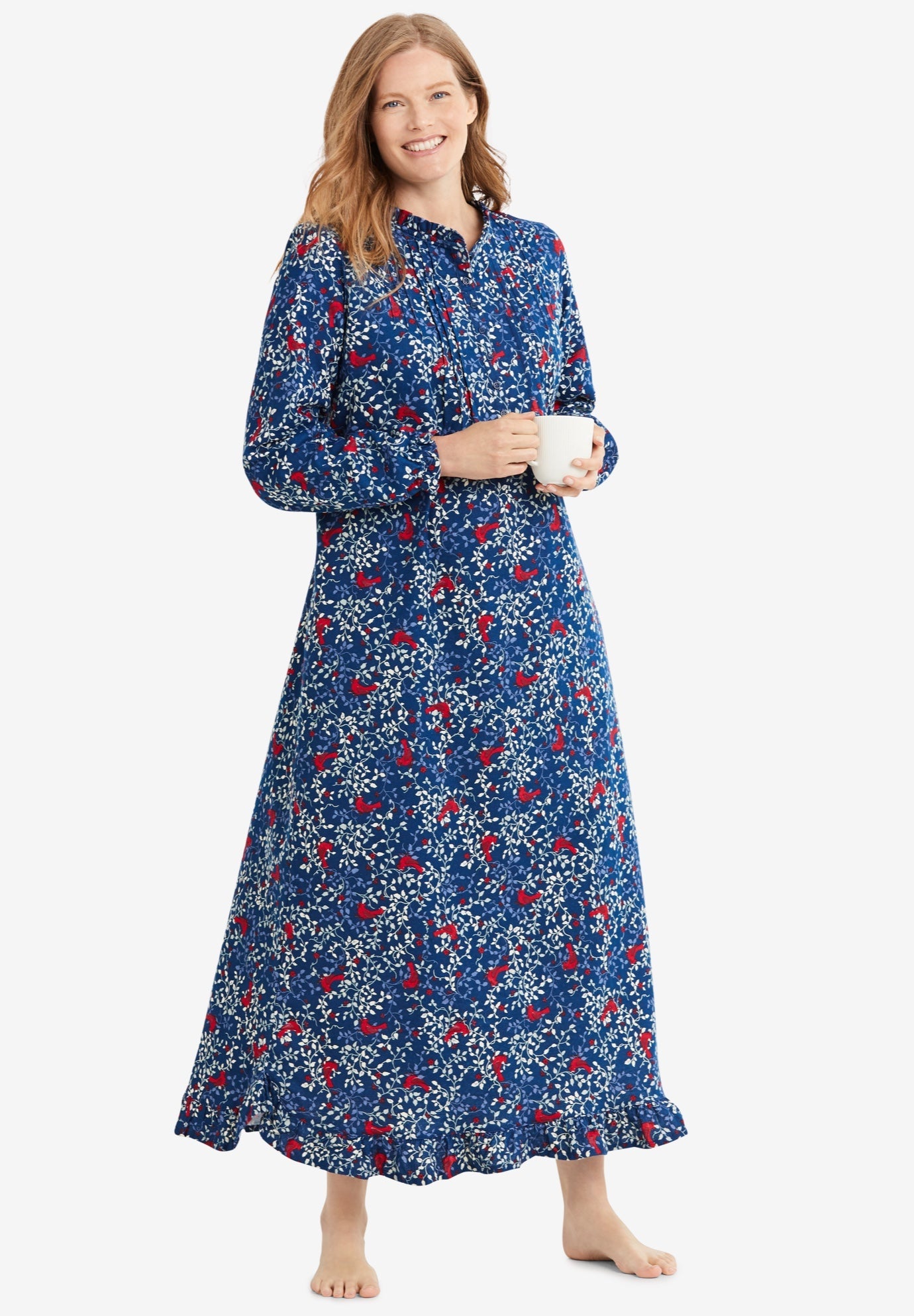 Fashionable Long Flannel Nightgown, Evening Blue Cardinals | Roaman's