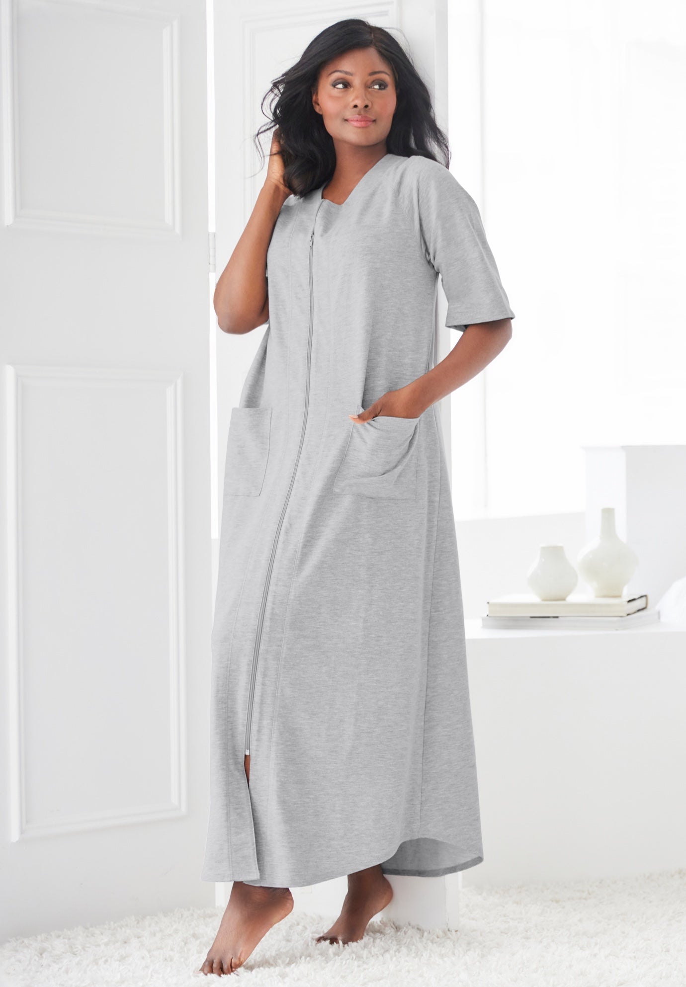 Fashionable Long French Terry Zip-Front Robe, Heather Grey | Roaman's