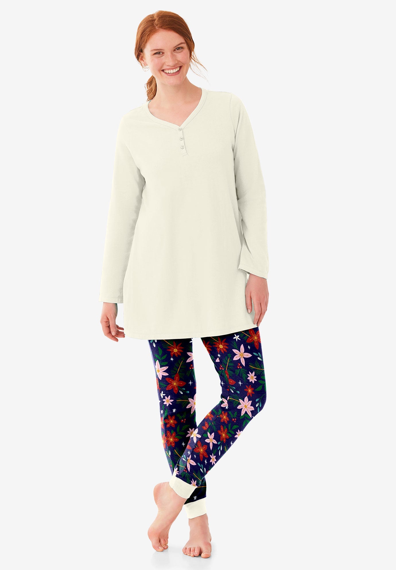 Fashionable Henley Tunic & Jogger PJ Set, Navy Floral Holly | Roaman's