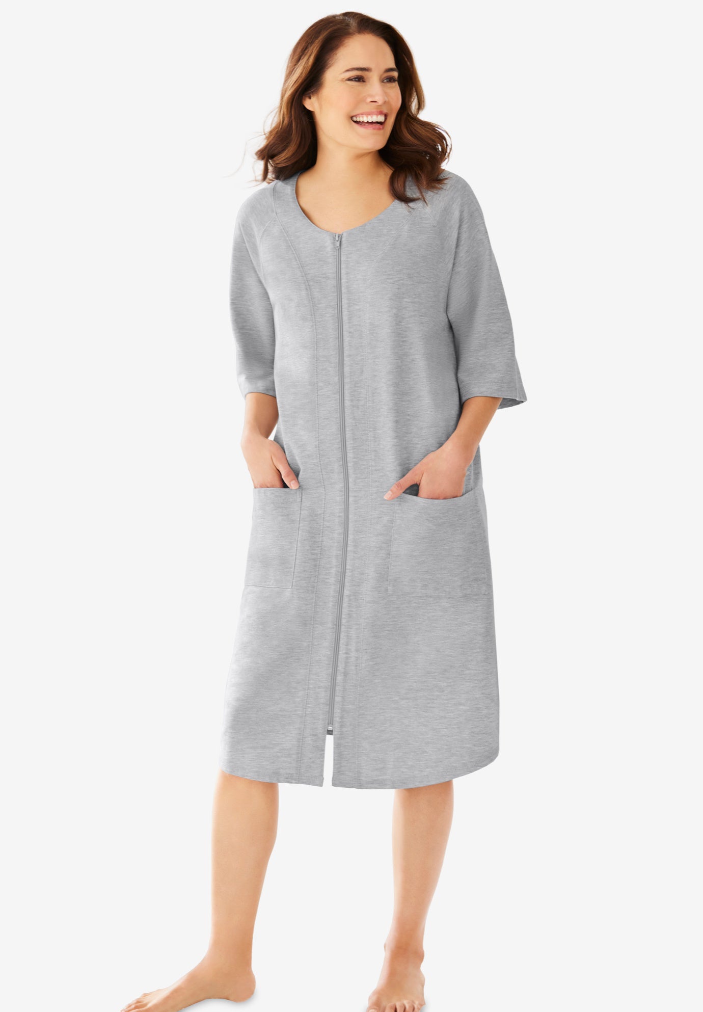 Fashionable Short French Terry Zip-Front Robe, Heather Grey | Roaman's