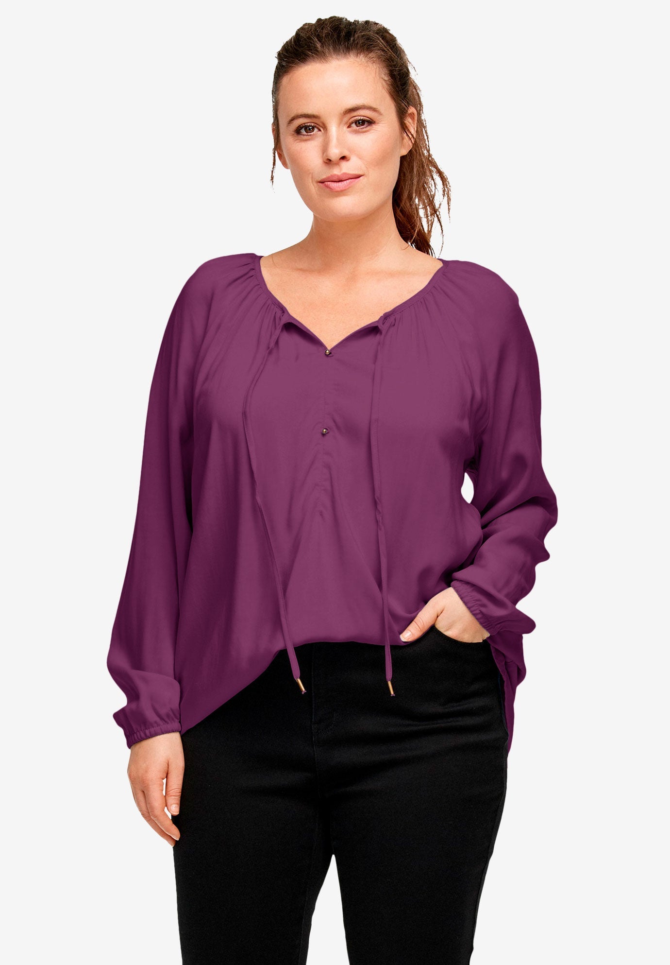 Fashionable Tie Neck Peasant Tunic, Wild Plum | Roaman's